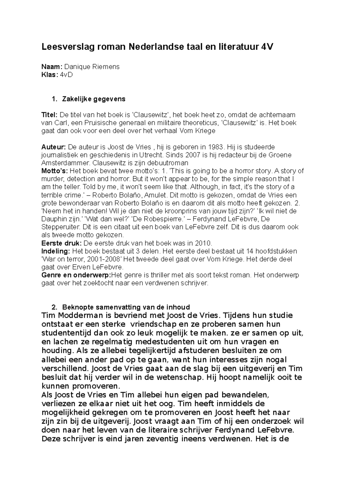 Clausewitz - Leesverslag 4V - Een Analyse van het Boek en de Inhoud ...