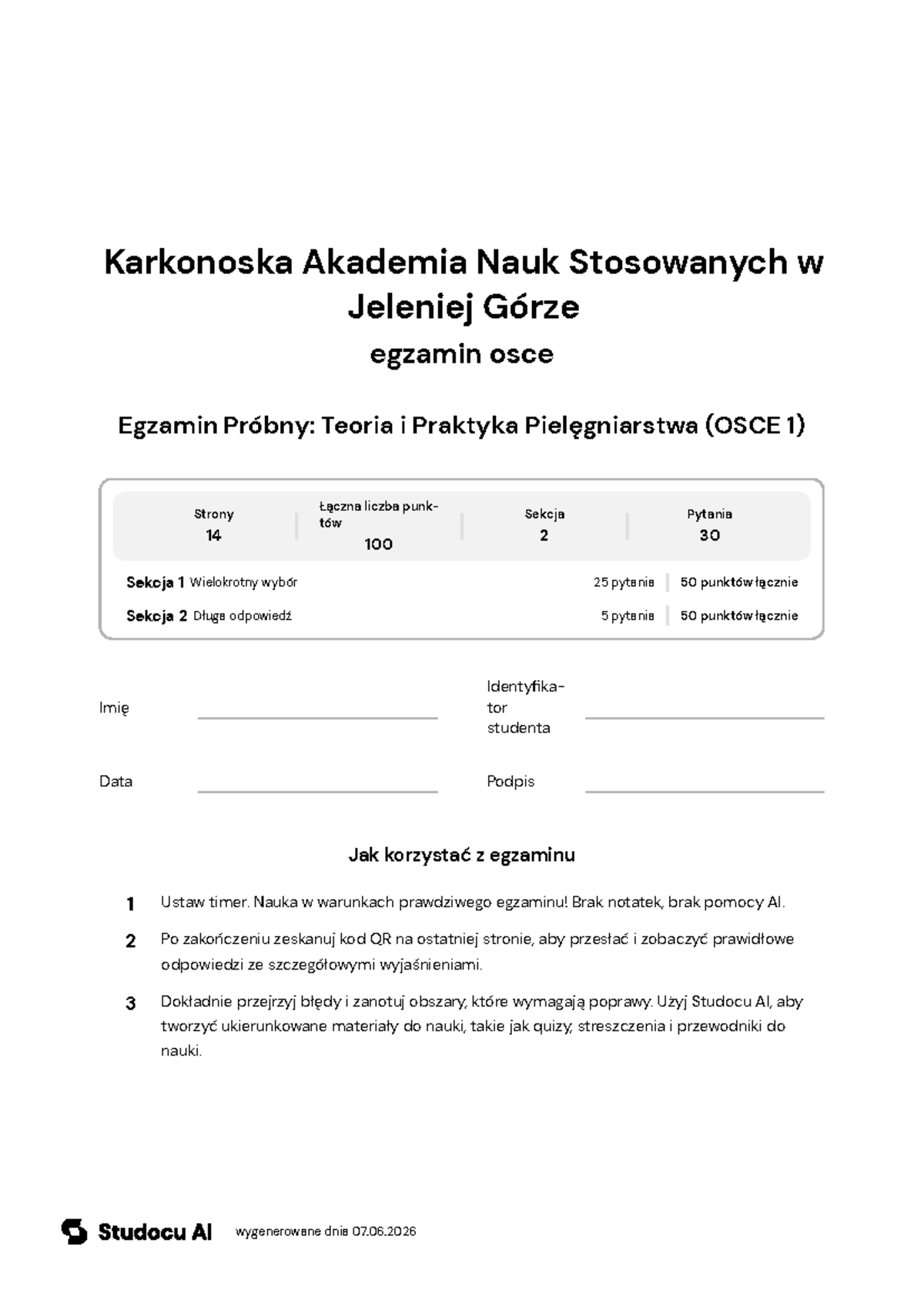 Egzamin Próbny: Teoria i Praktyka Pielęgniarstwa (OSCE 1) - Studocu
