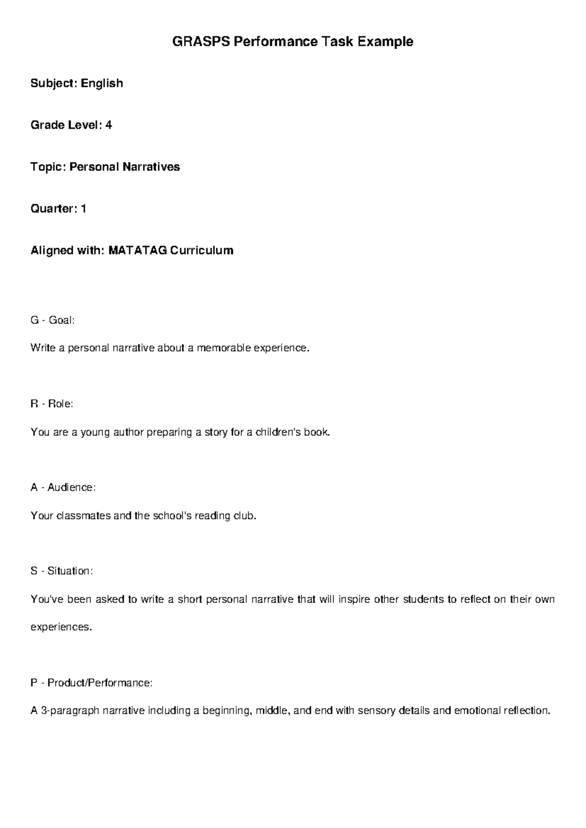 GRASPS Performance Task: Personal Narrative Example for Grade 4 English ...