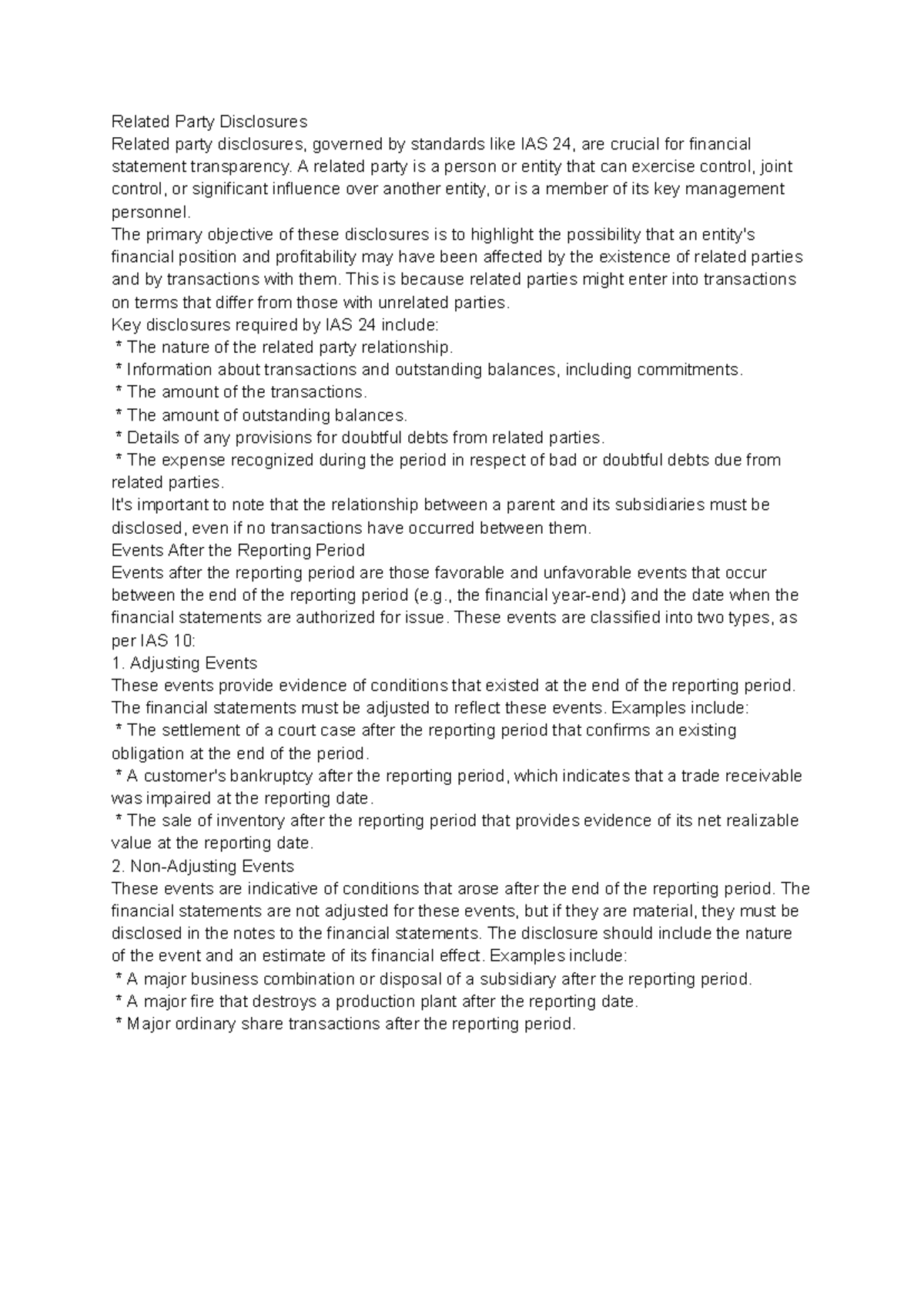 IAS 24 Related Party Disclosures and Events After Reporting Period ...