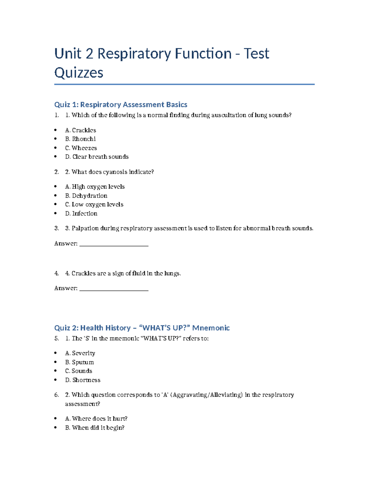 Unit 2 Respiratory Function Quizzes: Assessment & Diagnostics - Studocu