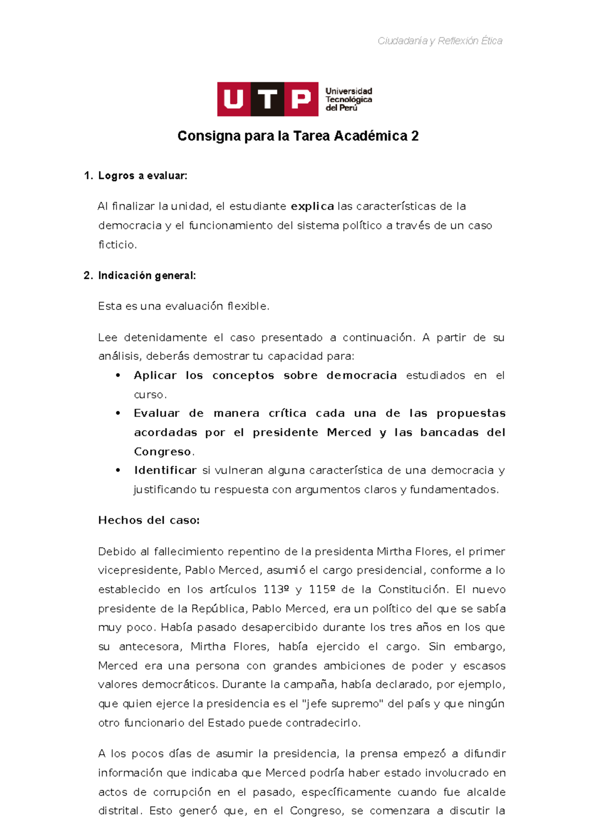 Tarea Académica 02: Análisis Crítico de la Democracia y Ética - Studocu
