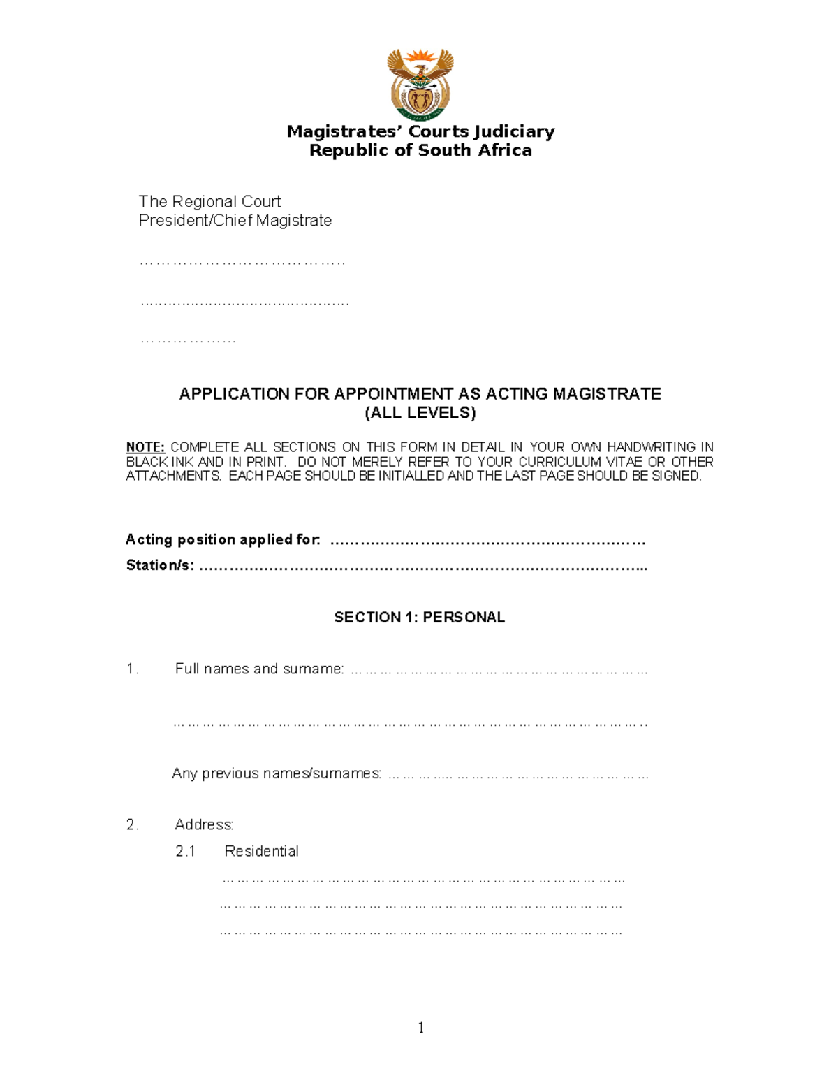 Application Form for Acting Magistrate Appointment (Level All) - Studocu