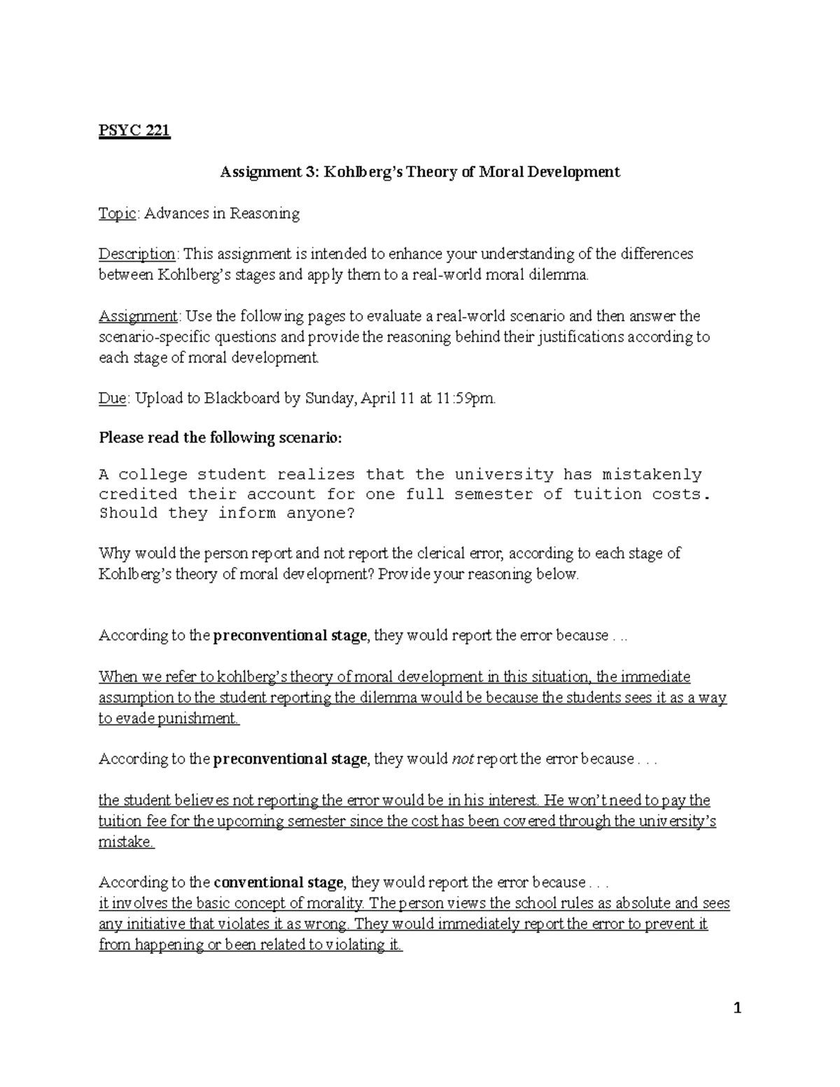 PSYC 221 - Assignment 3: Kohlberg’s Moral Development Theory Explained - Studocu