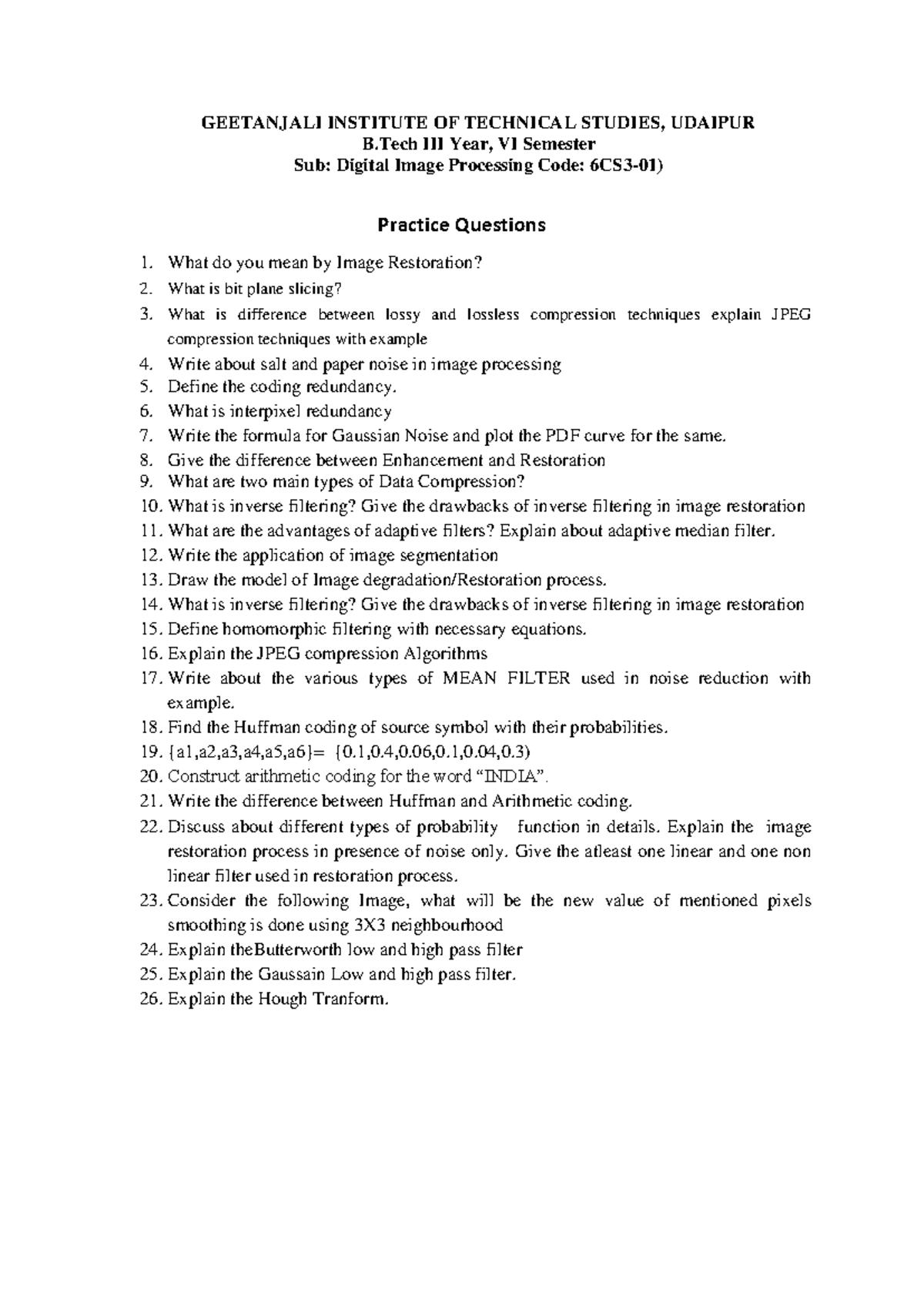 Practice Questions for Digital Image Processing (DIP 6CS3-01) 2024 ...