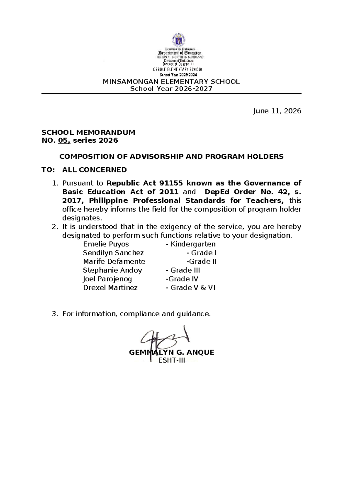 School Memorandum No. 10, s. 2026: Advisor and Program Holder ...