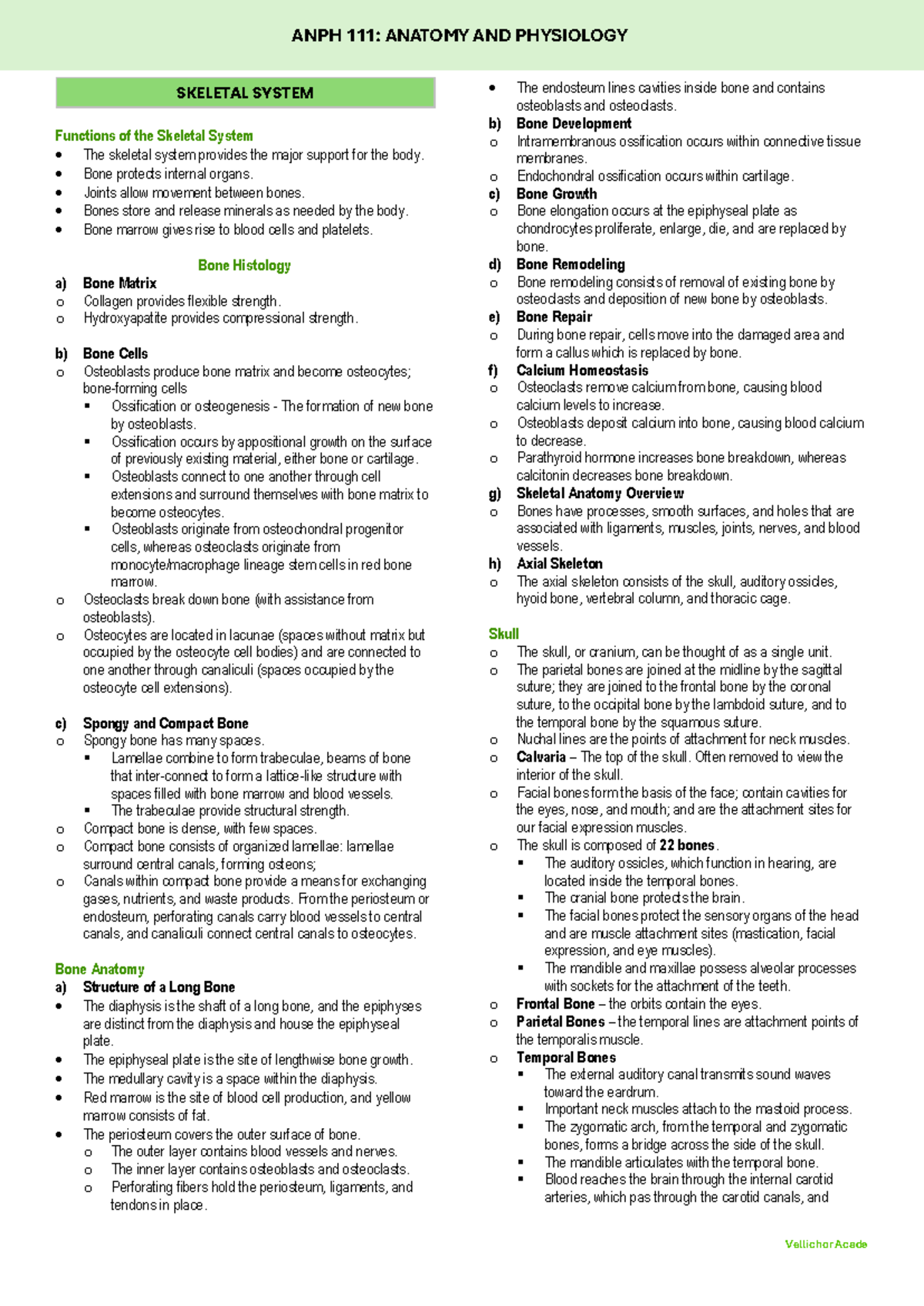 ANPH 101: Lesson 5 - Overview of the Skeletal System Functions - Studocu