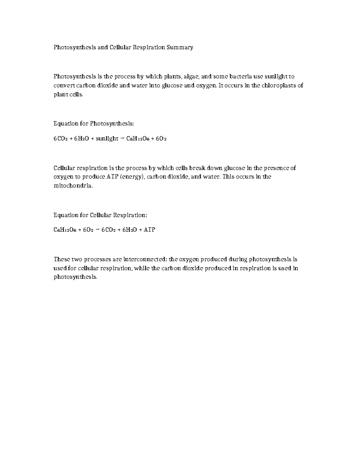 Biology 101: Photosynthesis & Cellular Respiration Summary - Studocu
