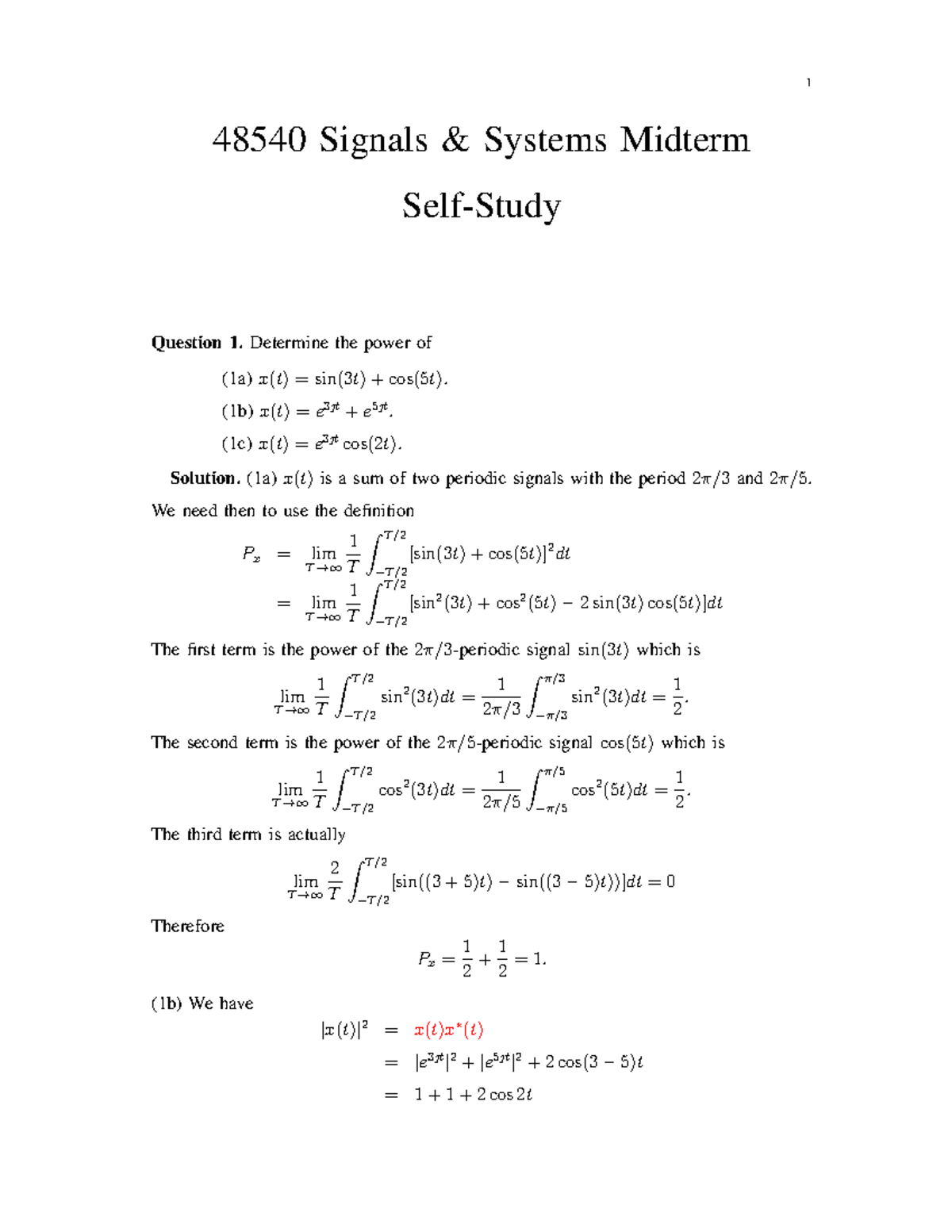 Signals Systems 1 48540 Midterm Quiz Practice Materials - Studocu