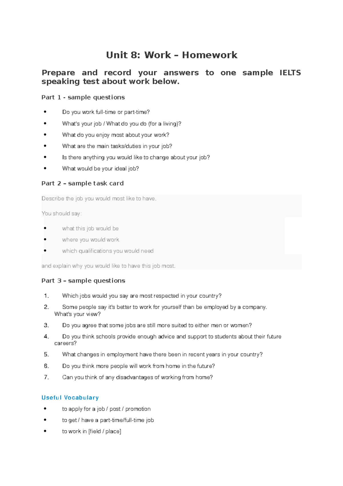 Unit 8 - Homework handout bách khoa hn - Unit 8: Work – Homework ...