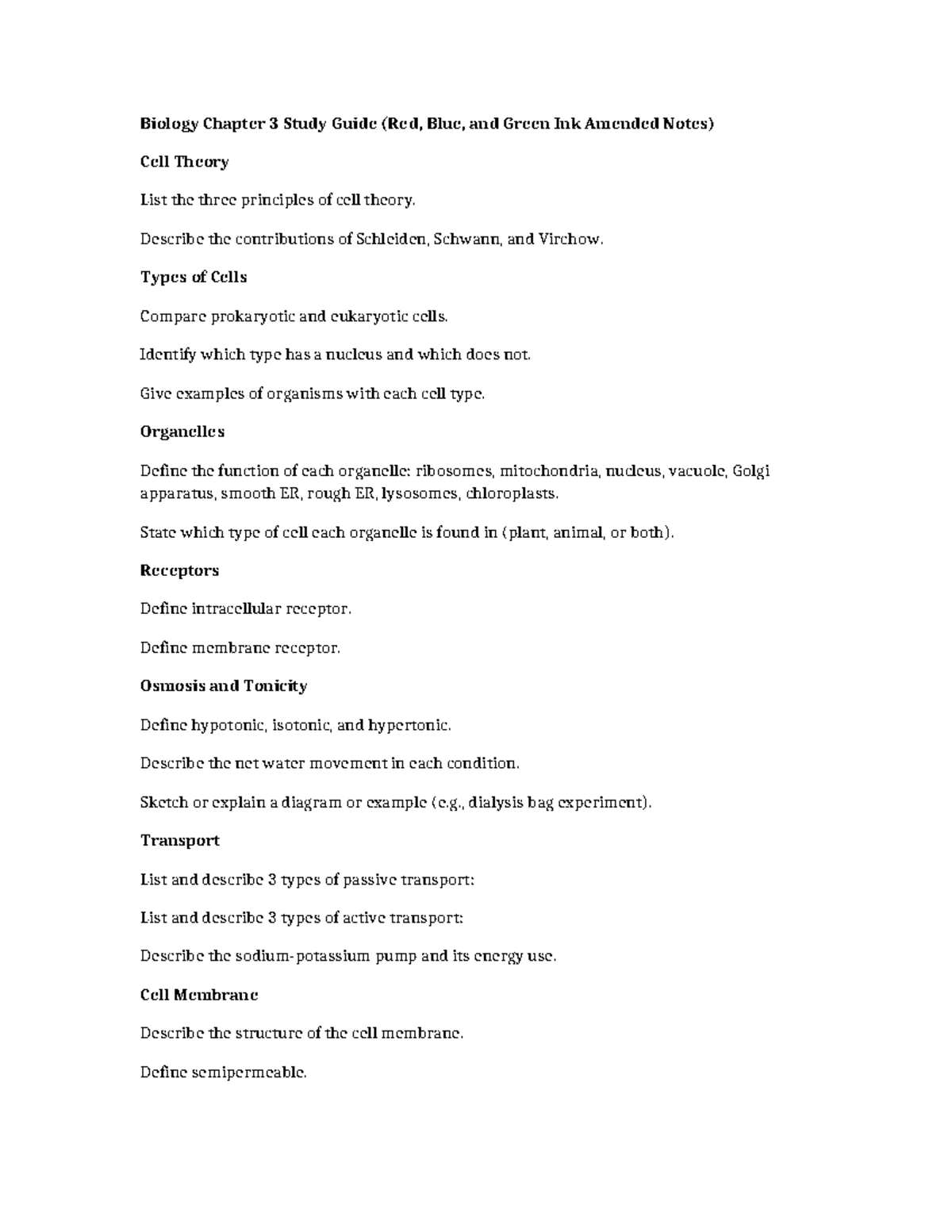 Biology Chapter 3 Study Guide: Cell Theory, Organelles & Transport ...
