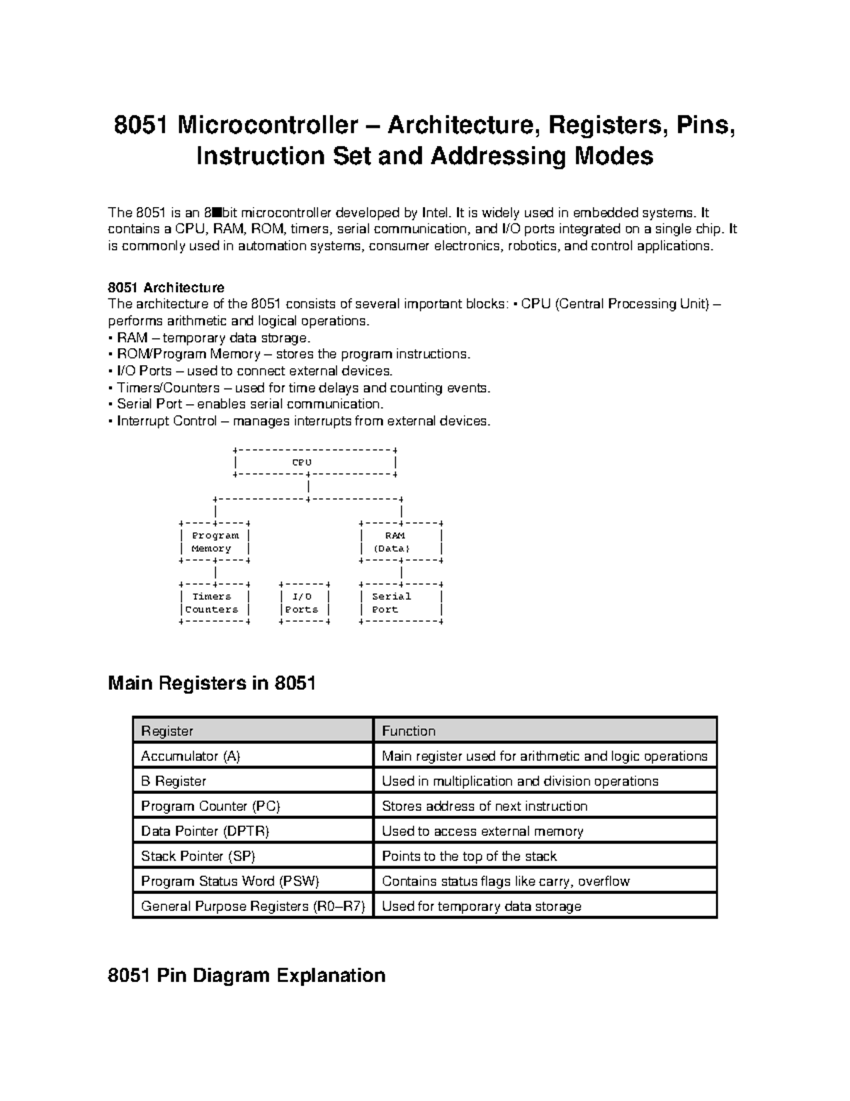 8051 Microcontroller Architecture Notes: Registers, Pins & Instructions ...
