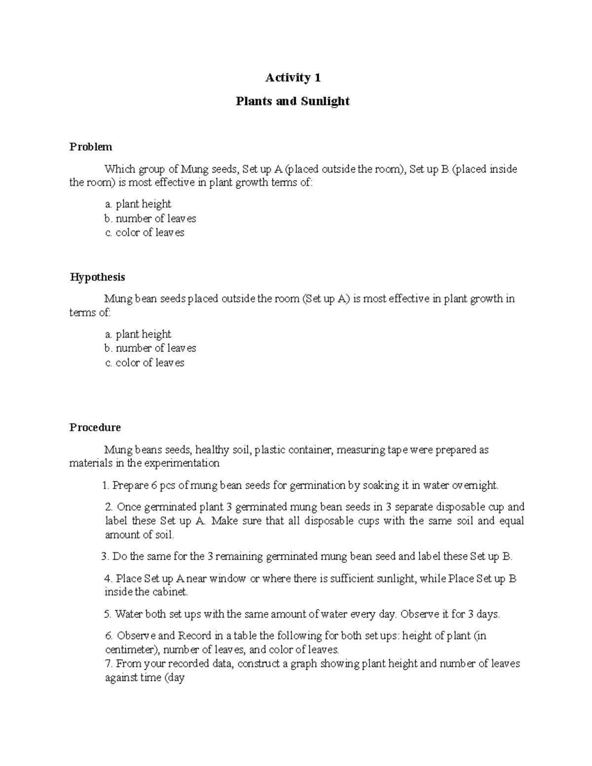 Experiment on Mung Bean Growth in Sunlight (Setups A & B) - Studocu