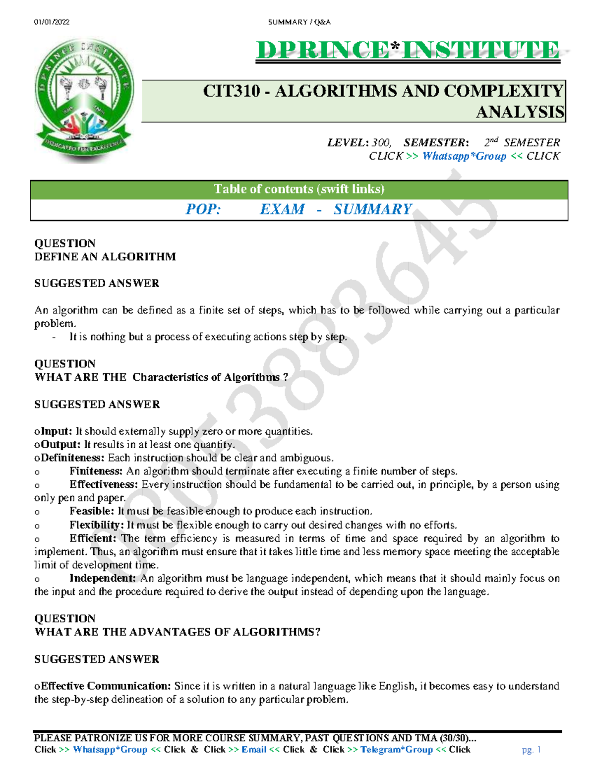 CIT310 - Summary of Algorithms, Complexity, and Analysis Techniques ...