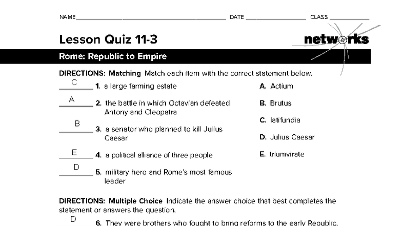 Rome: Republic to Empire (DATE CLASS) Lesson Quiz on Julius Caesar ...