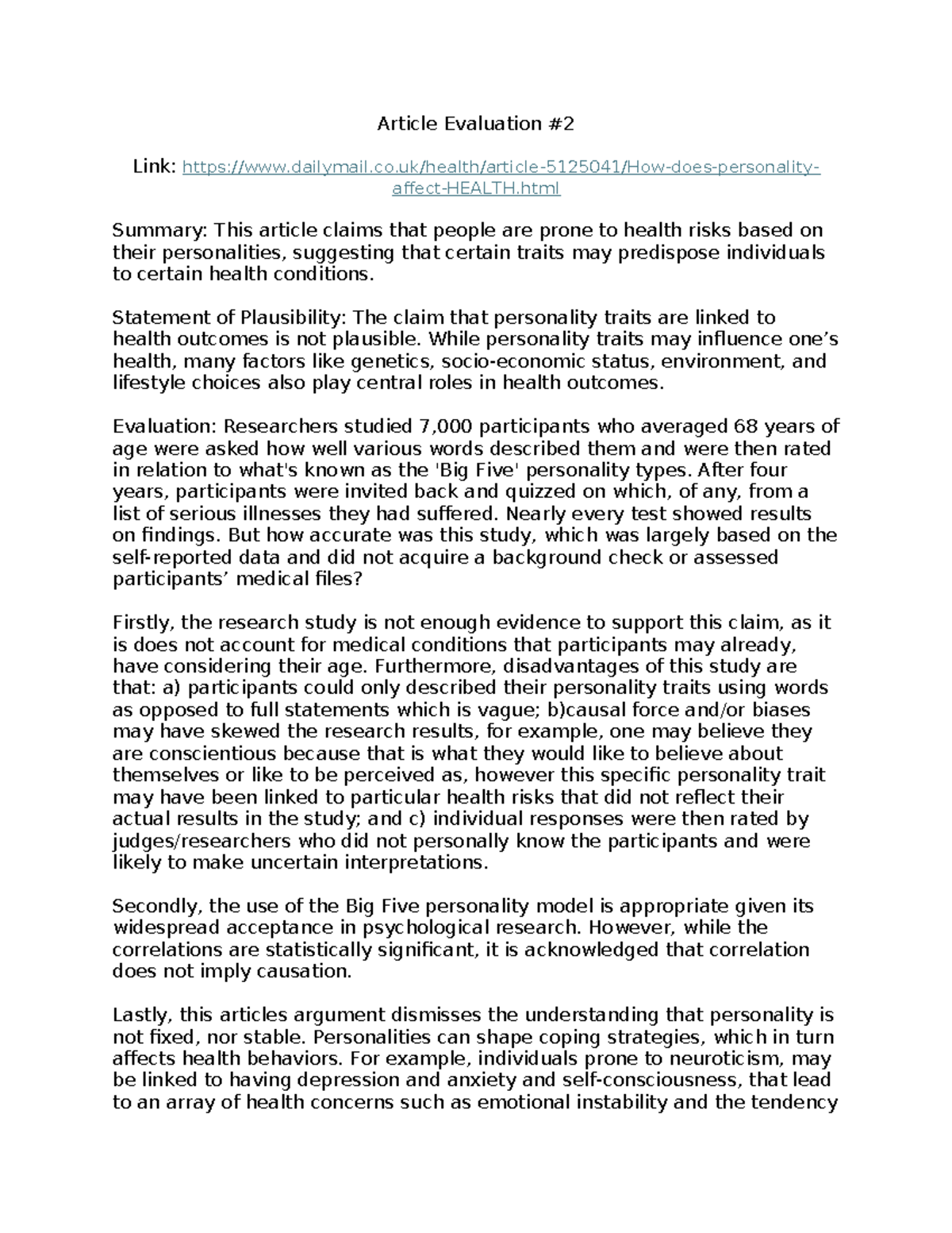 Article Evaluation on Personality's Impact on Health - PSY 101 - Studocu
