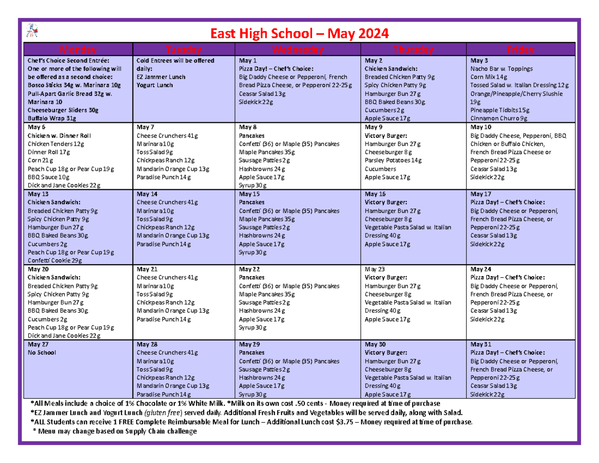 HS May 2024 EAST - Lunch Menu Offerings and Choices - Studocu