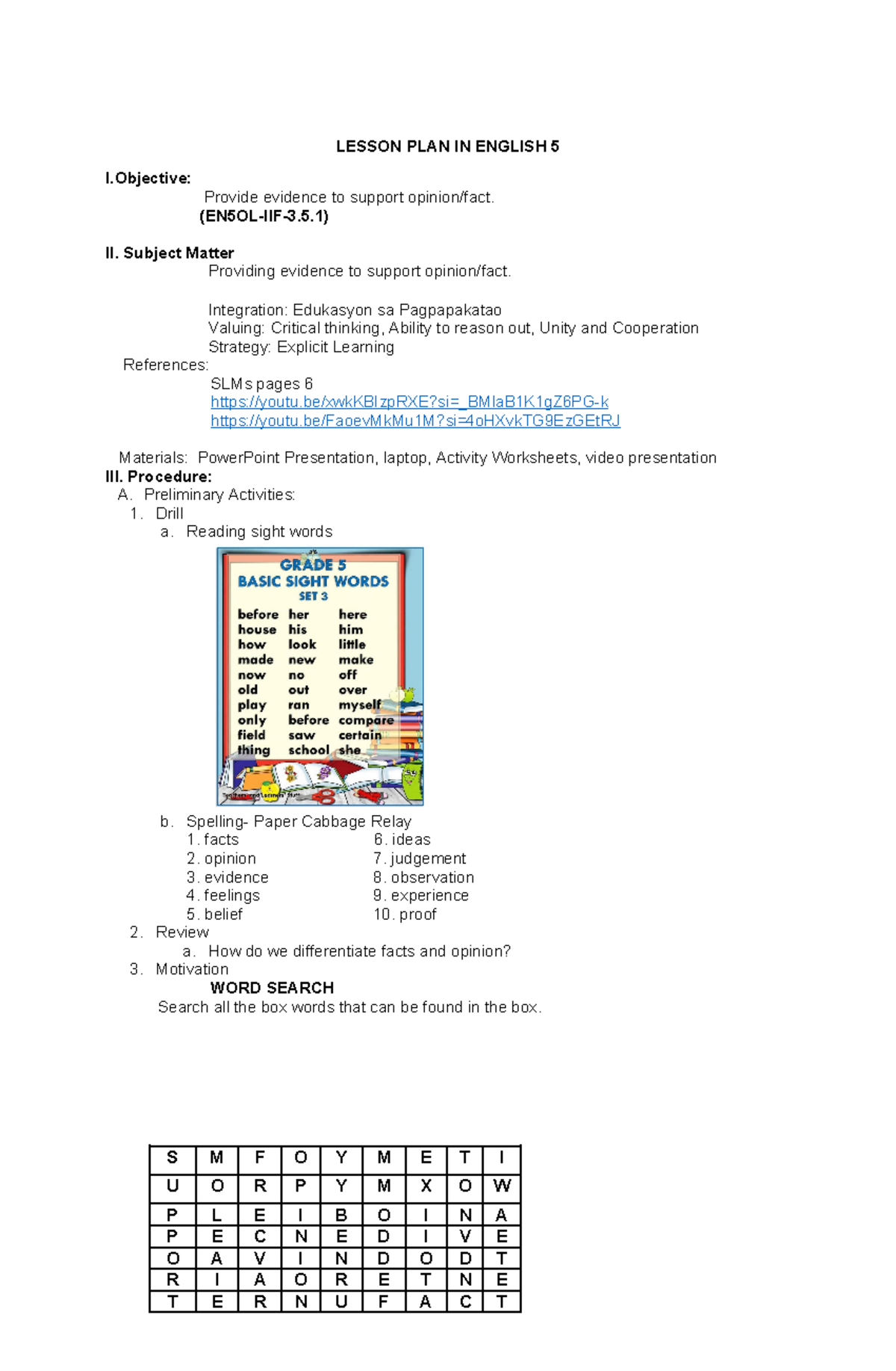 LP-5-Lesson Plan on Supporting Facts and Opinions with Evidence - Studocu