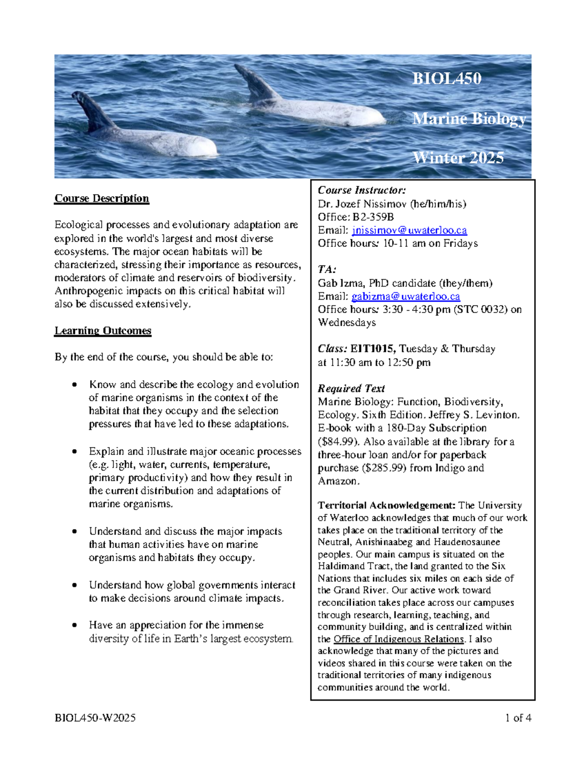 BIOL 450 Syllabus for Marine Biology Course - Winter 2025 - Studocu