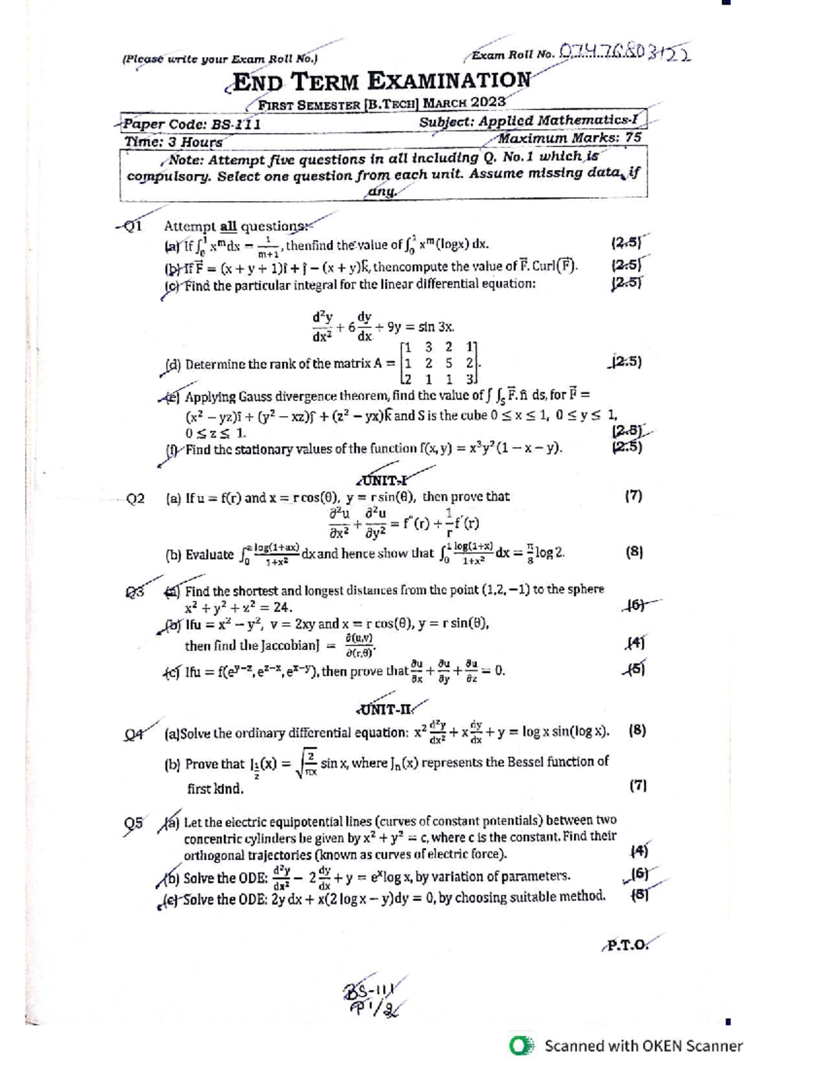 MAL I End Semester Exam Paper - Applied Mathematics March 2023 - Studocu