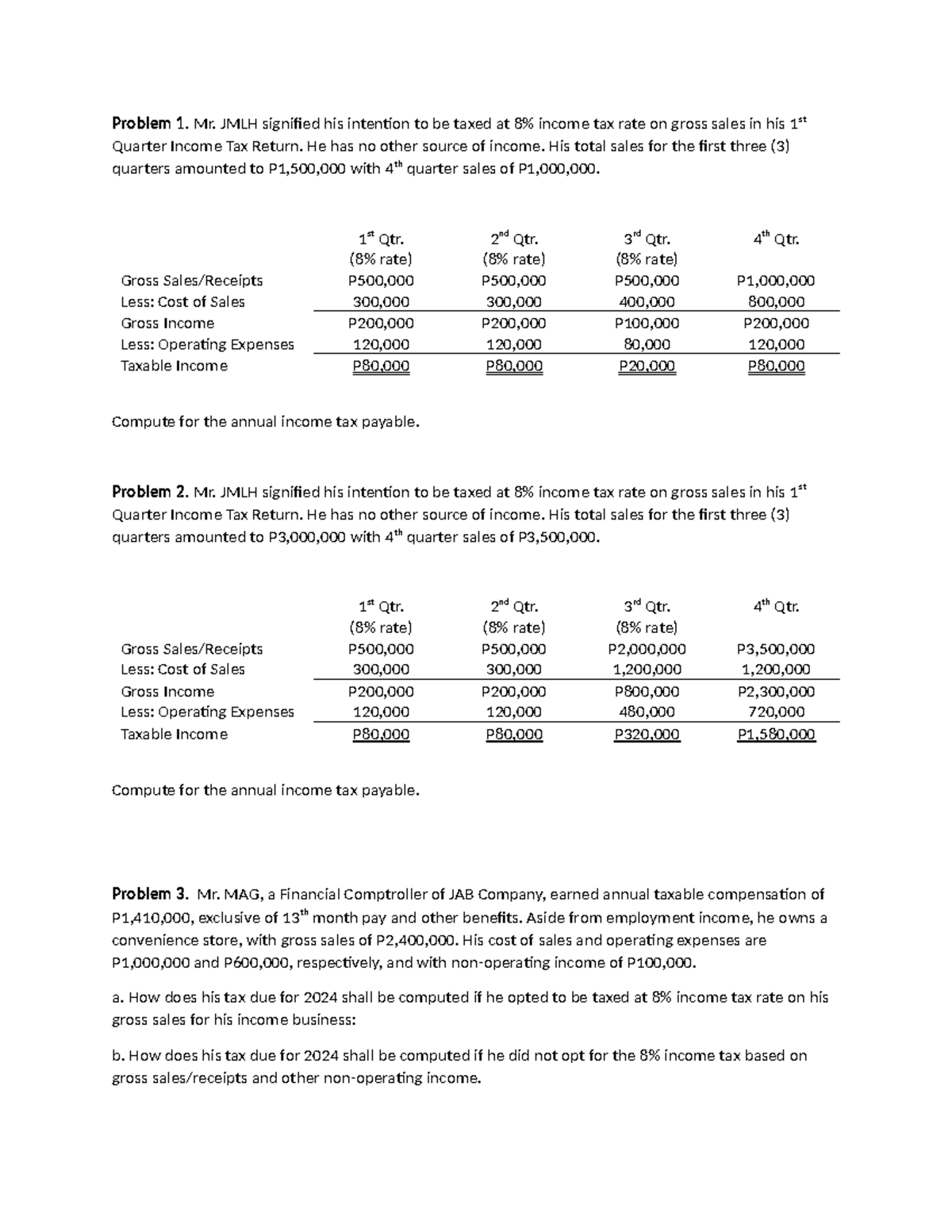Seatwork 3 - Income Taxation Practices: Income Tax Computation Problems ...
