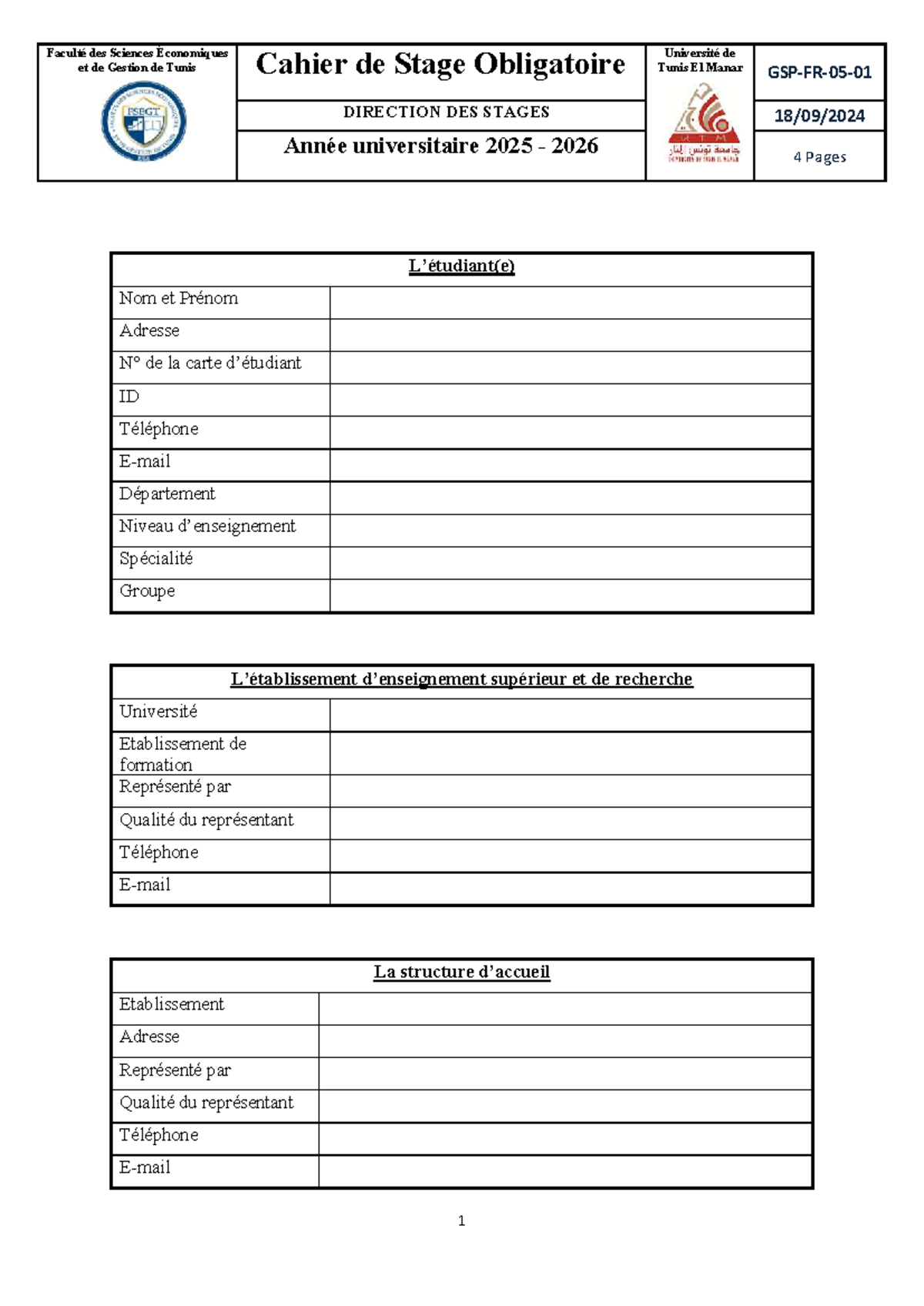 Cahier de Stage Obligatoire 2025-2026 - Université de Tunis El Manar ...
