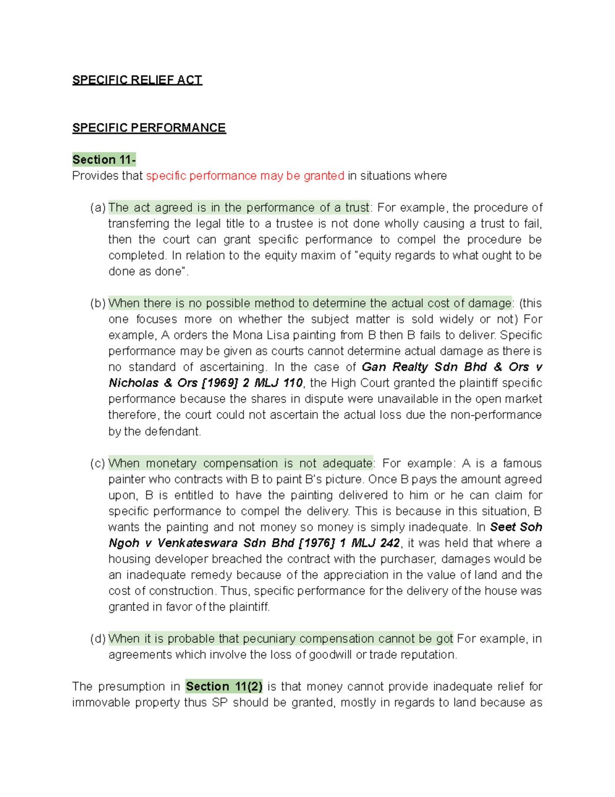Equity Study Notes on Specific Relief Act - PREP-SRA - Studocu