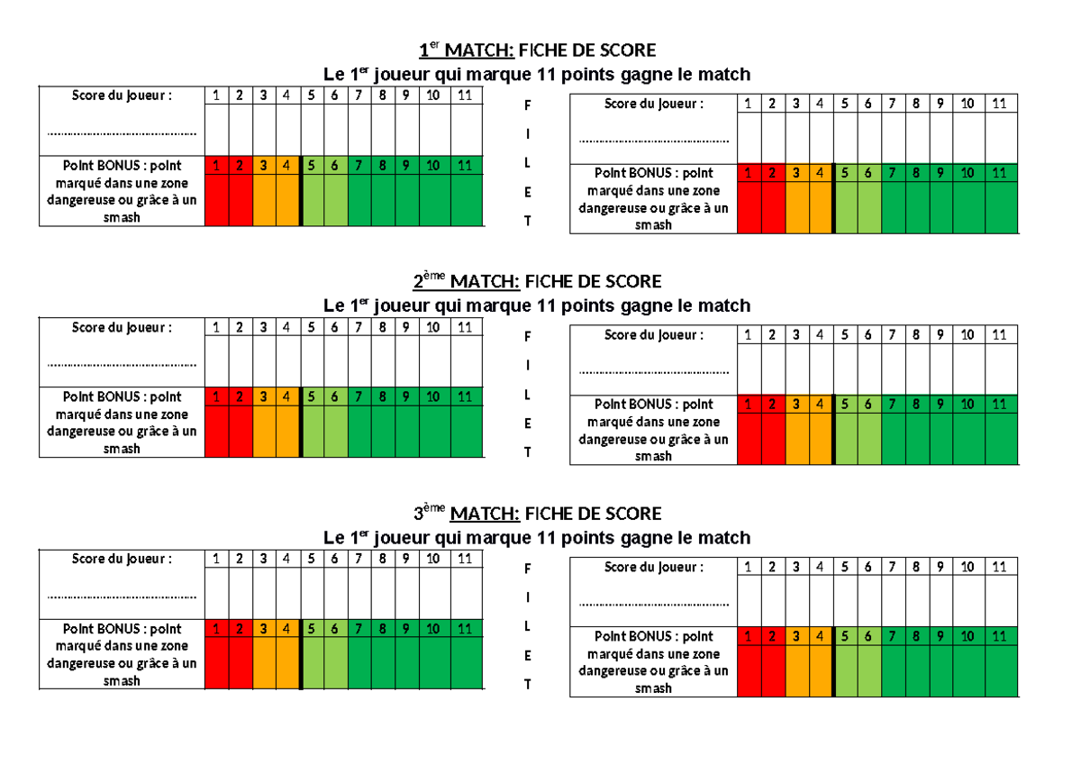 Fiche de Score - Match de TT (Tennis de Table) - Studocu