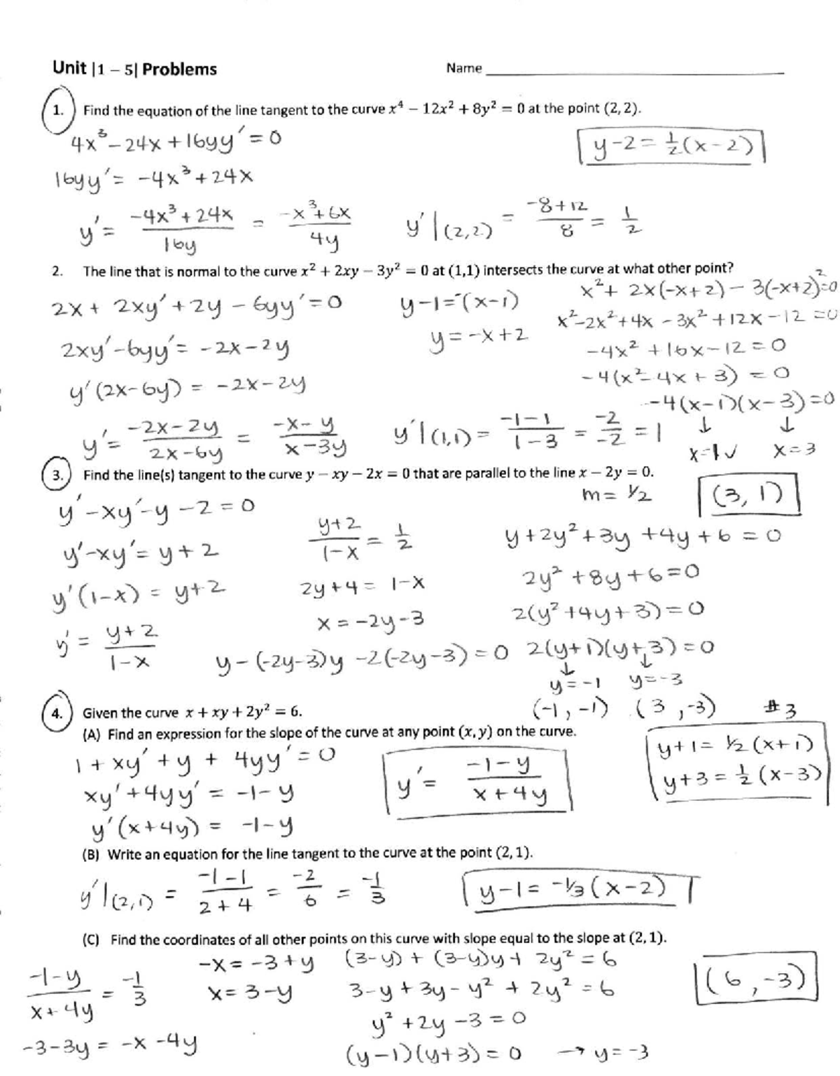 Unit 4 Problems KEY - Tangent and Normal Lines in Calculus - Studocu