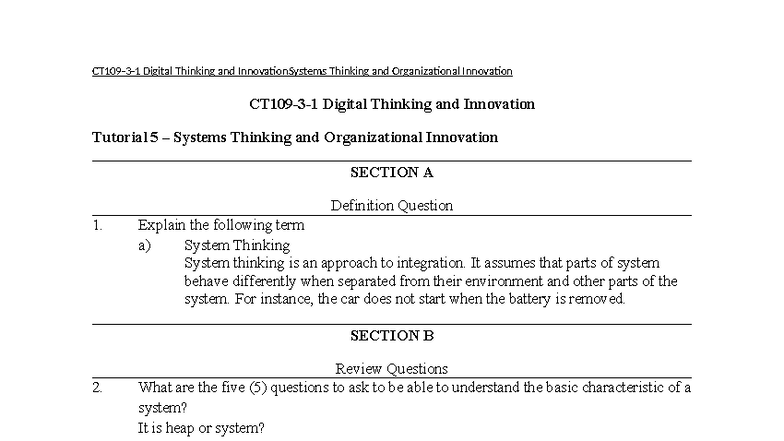 Tutorial 5 Systems Thinking and Organizational Innovation - question ...