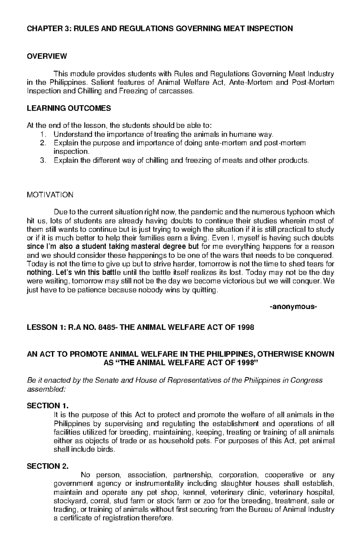 III - Rules AND Regulations Governing MEAT Inspection - CHAPTER 3 ...
