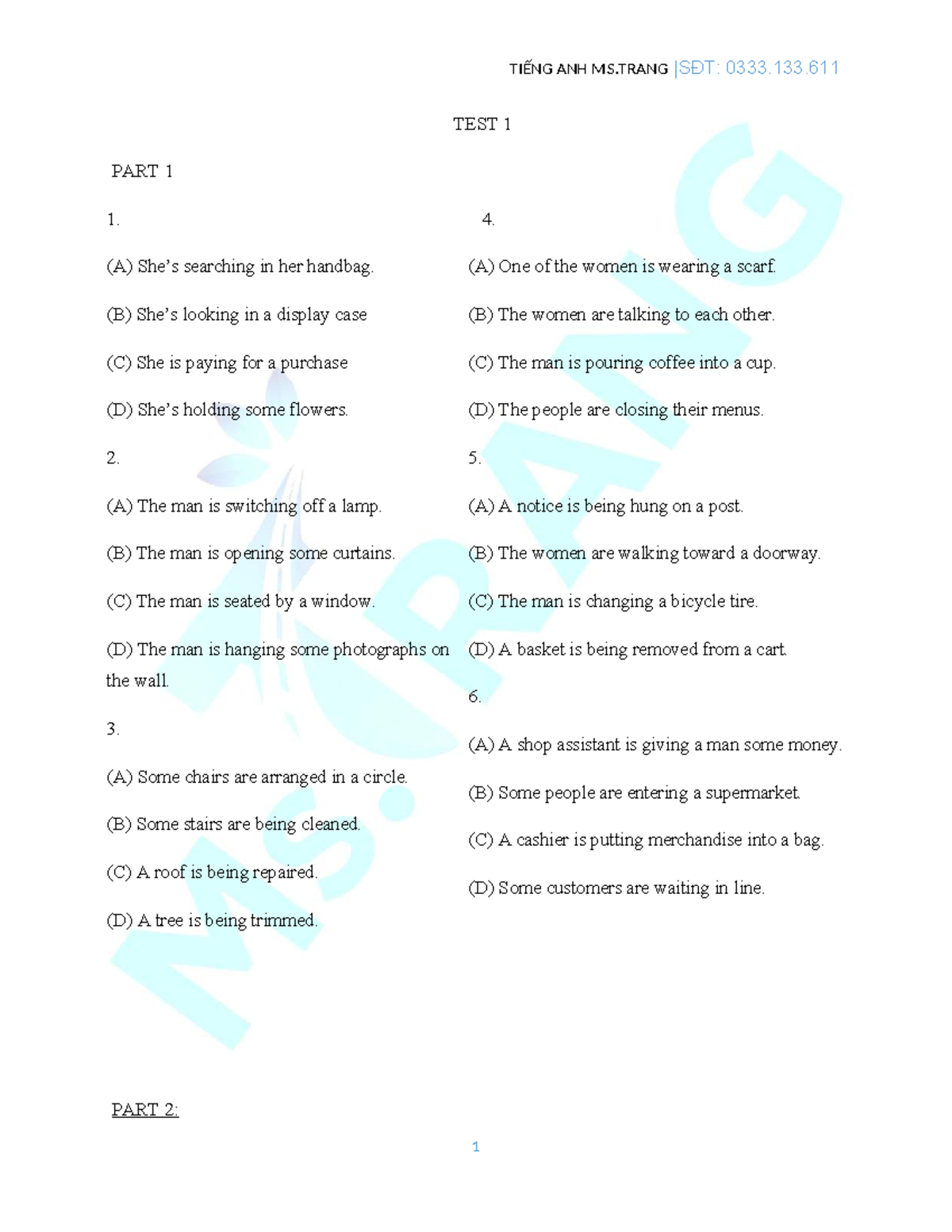 TIẾNG ANH MS.TRANG TEST 1 PART 1 & 2 Notes - Studocu