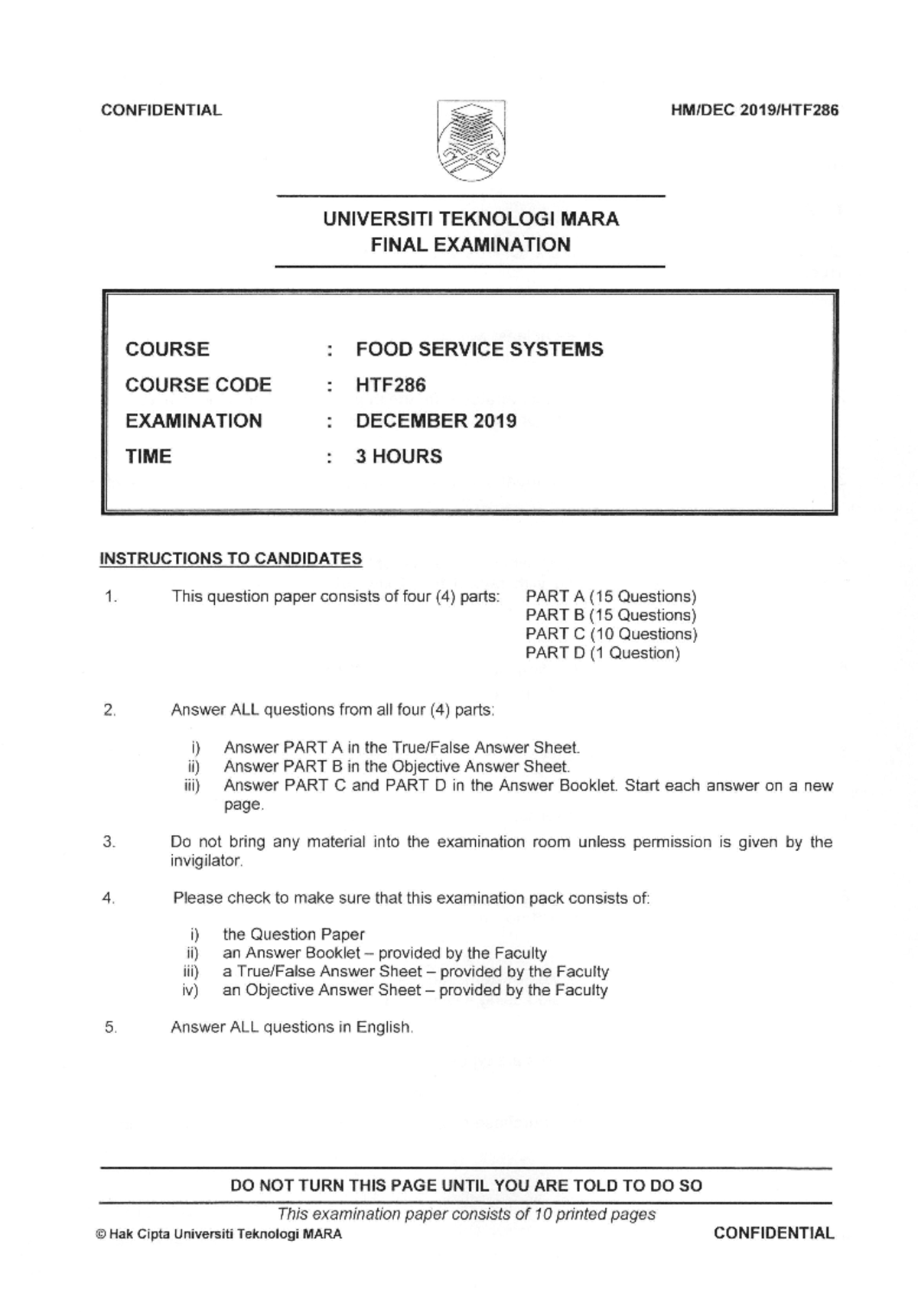 Final Exam: Food Service Systems (HTF) - December 2019 - Studocu