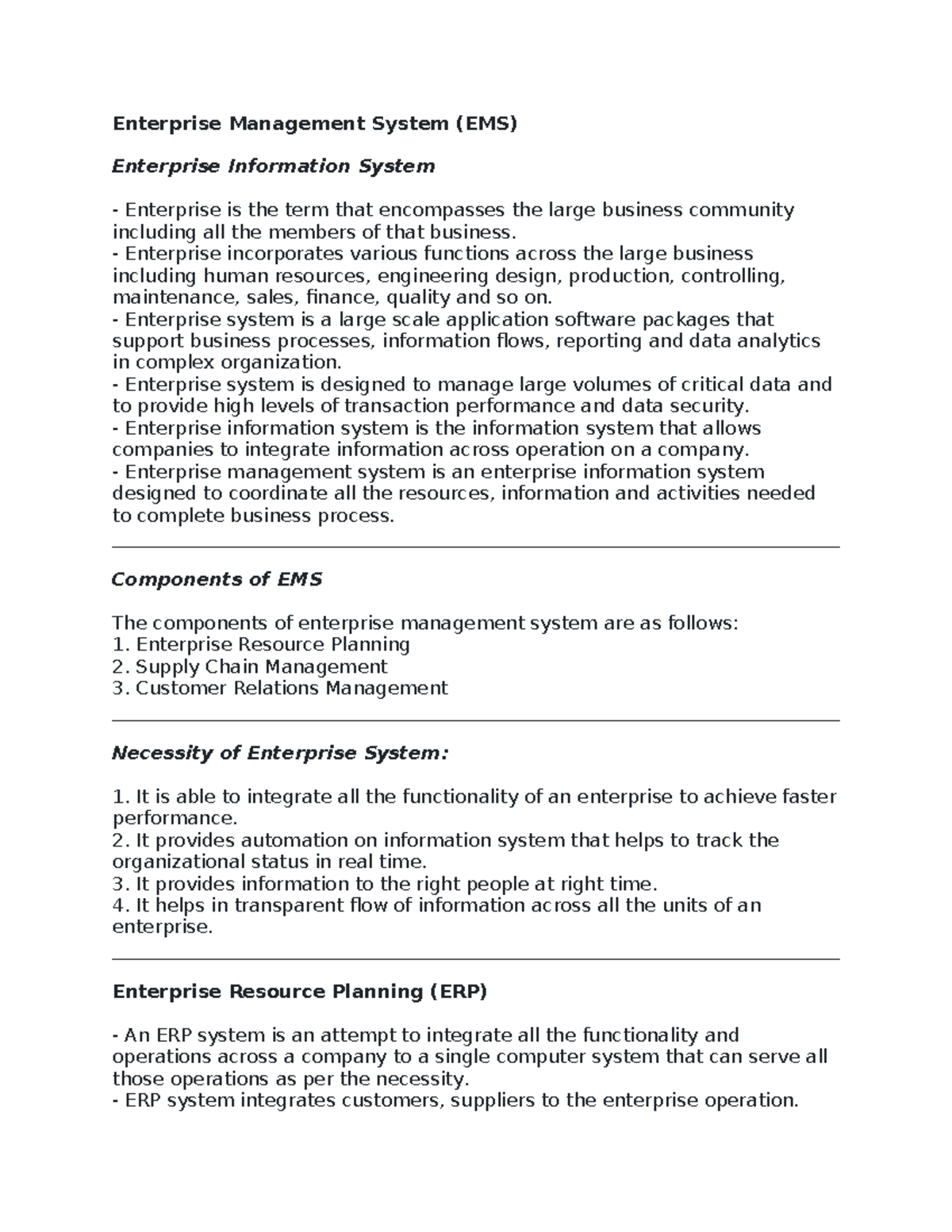 Unit 3 - Enterprise Management Systems Overview and Components - Studocu