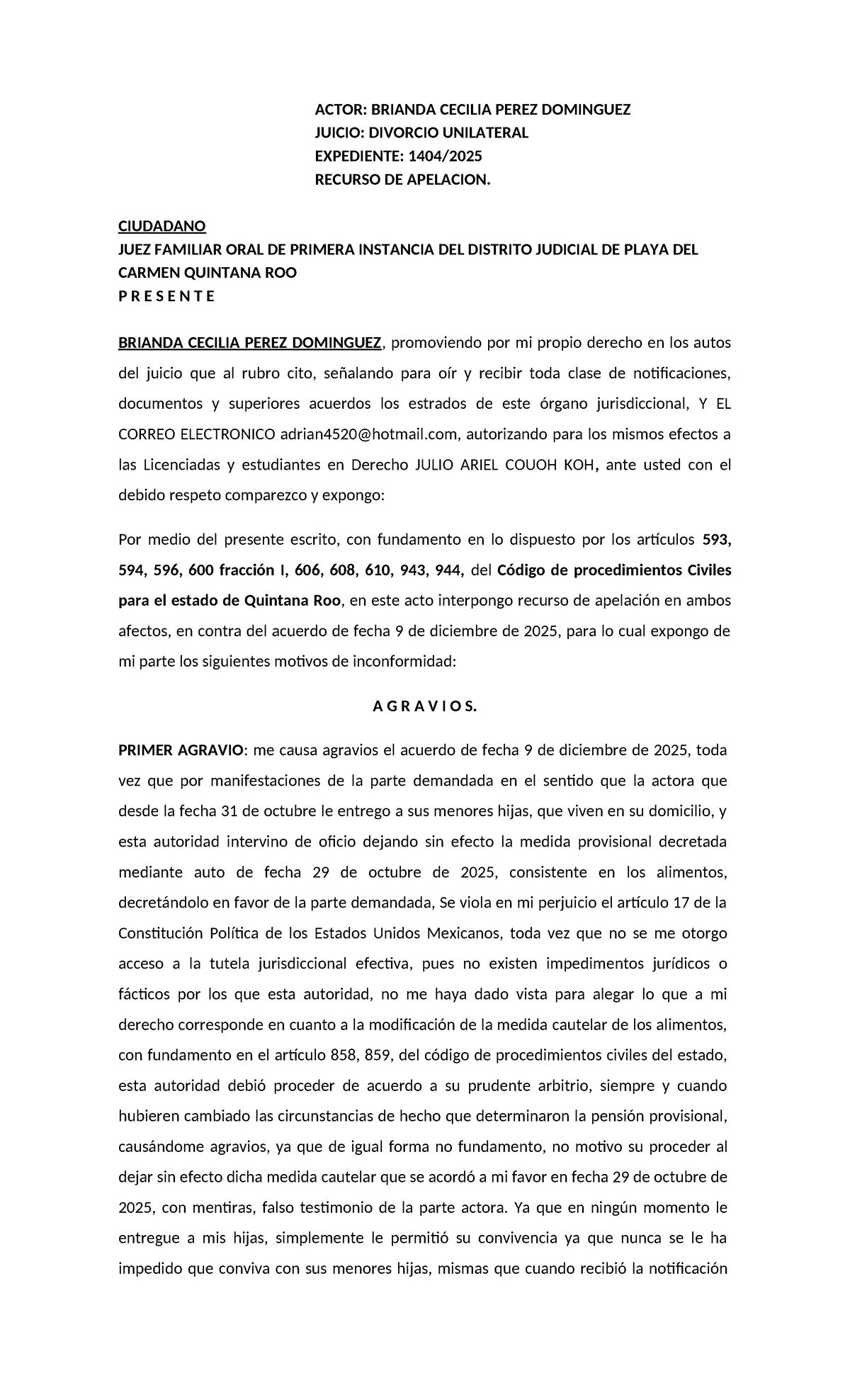 Apelación de Brianda Cecilia Pérez Domínguez en Juicio de Divorcio ...