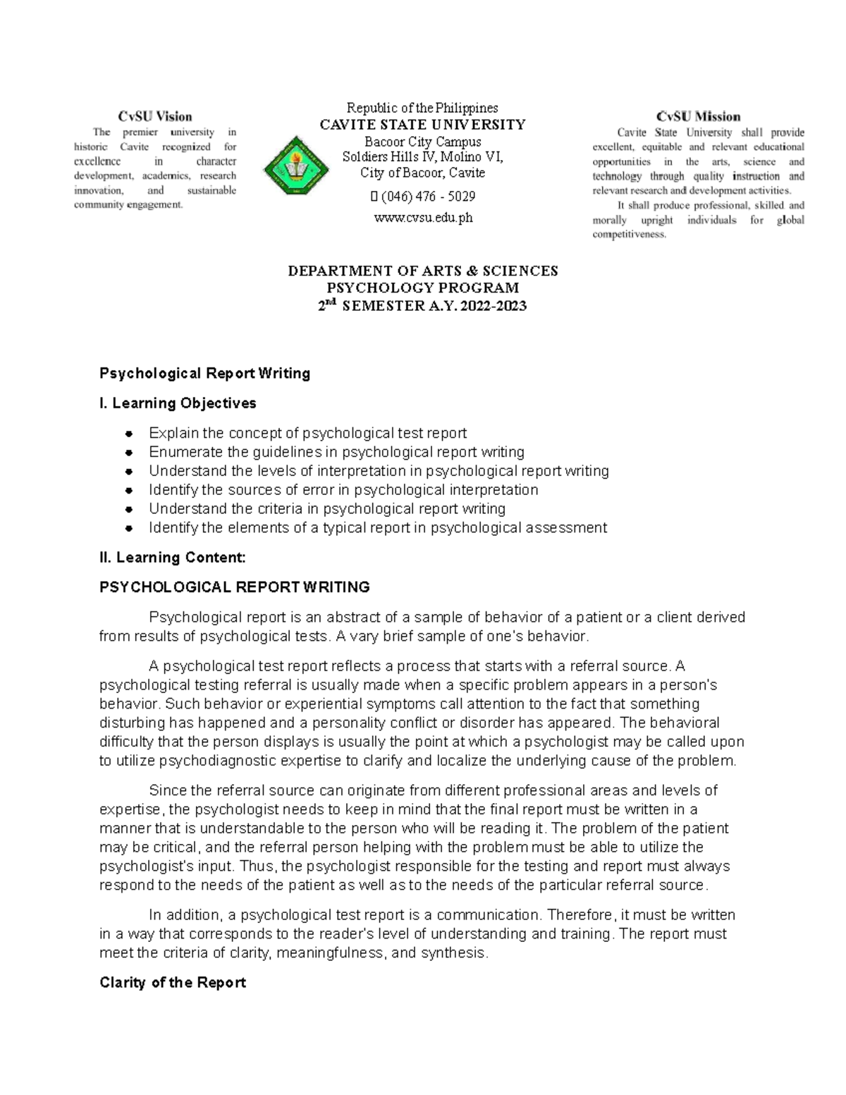 Psychological Report Writing - Module Overview for Students - Studocu