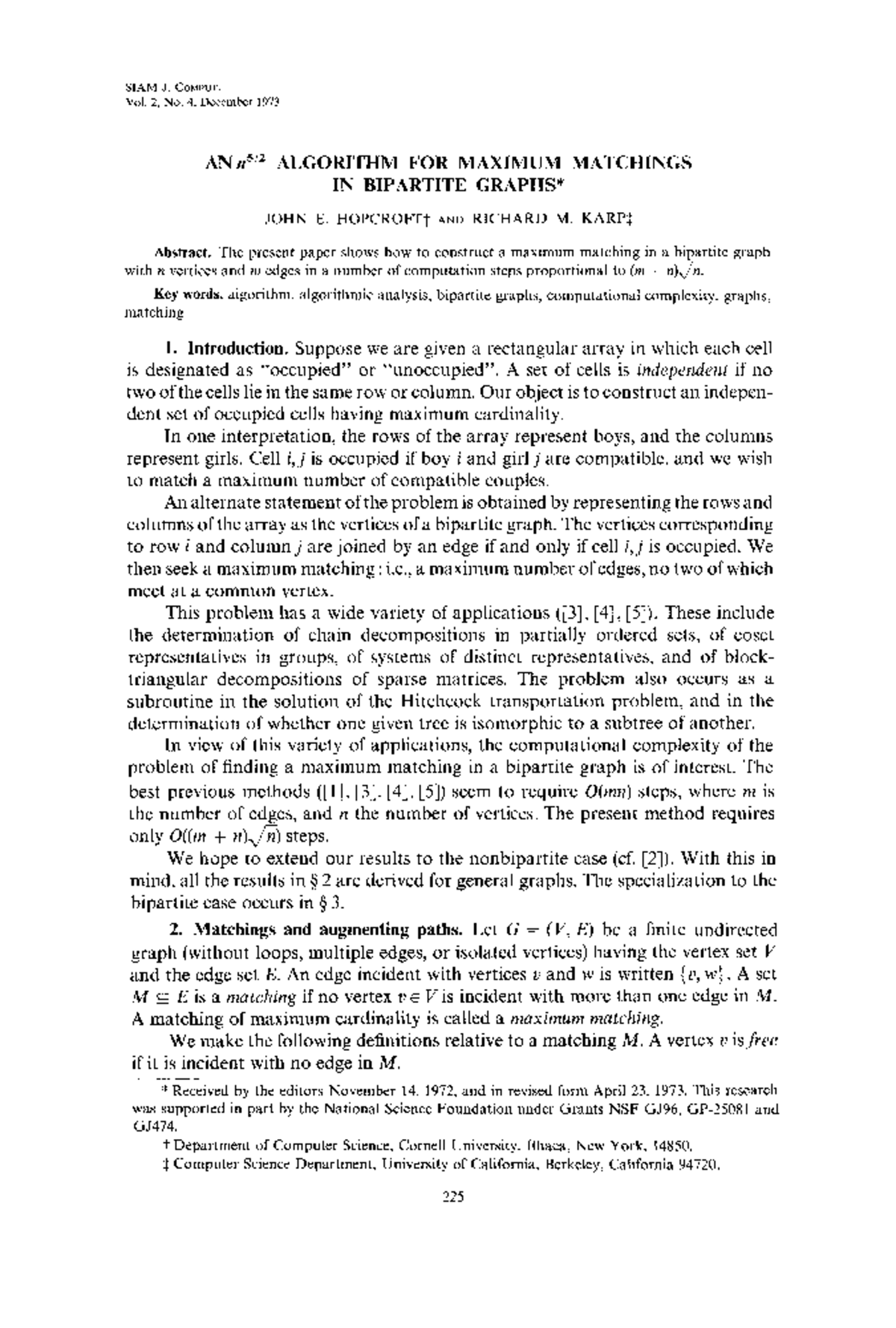 Research paper: Graph algorithms and maximum matchings in bipartite ...
