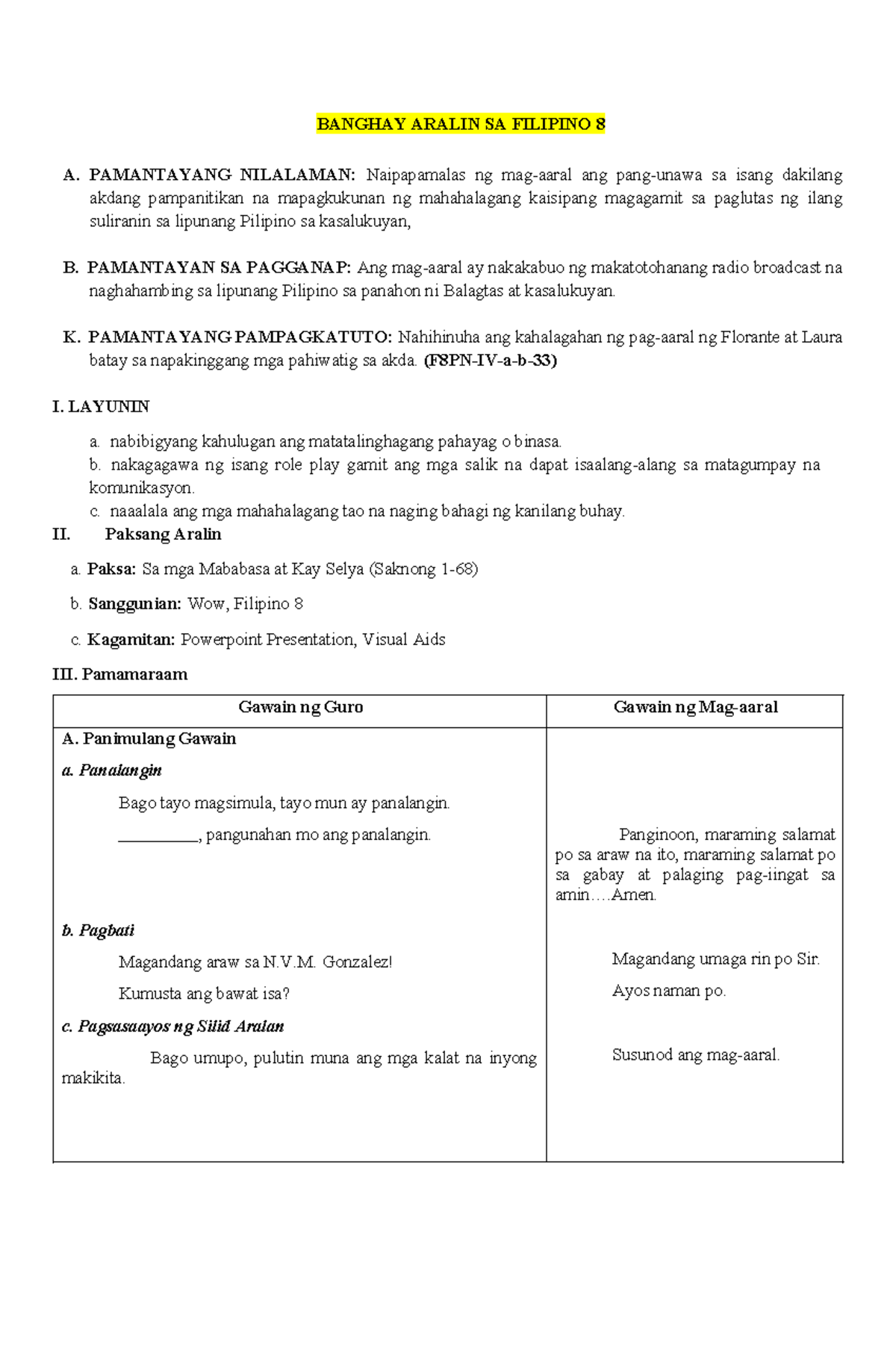Banghay Aralin sa Filipino 8: Pag-aaral ng Florante at Laura - Studocu
