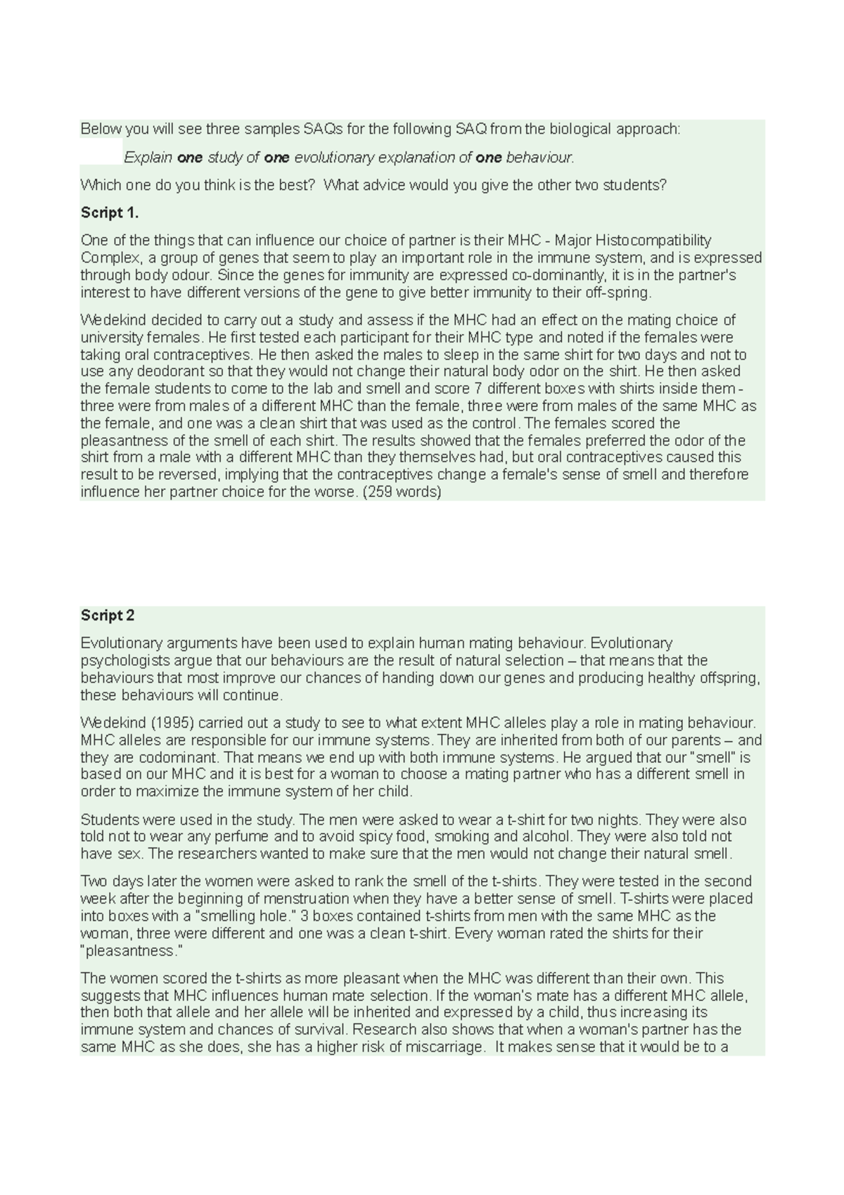 SAQ Study Examples - Evolutionary Approach to Behavior Analysis - Studocu