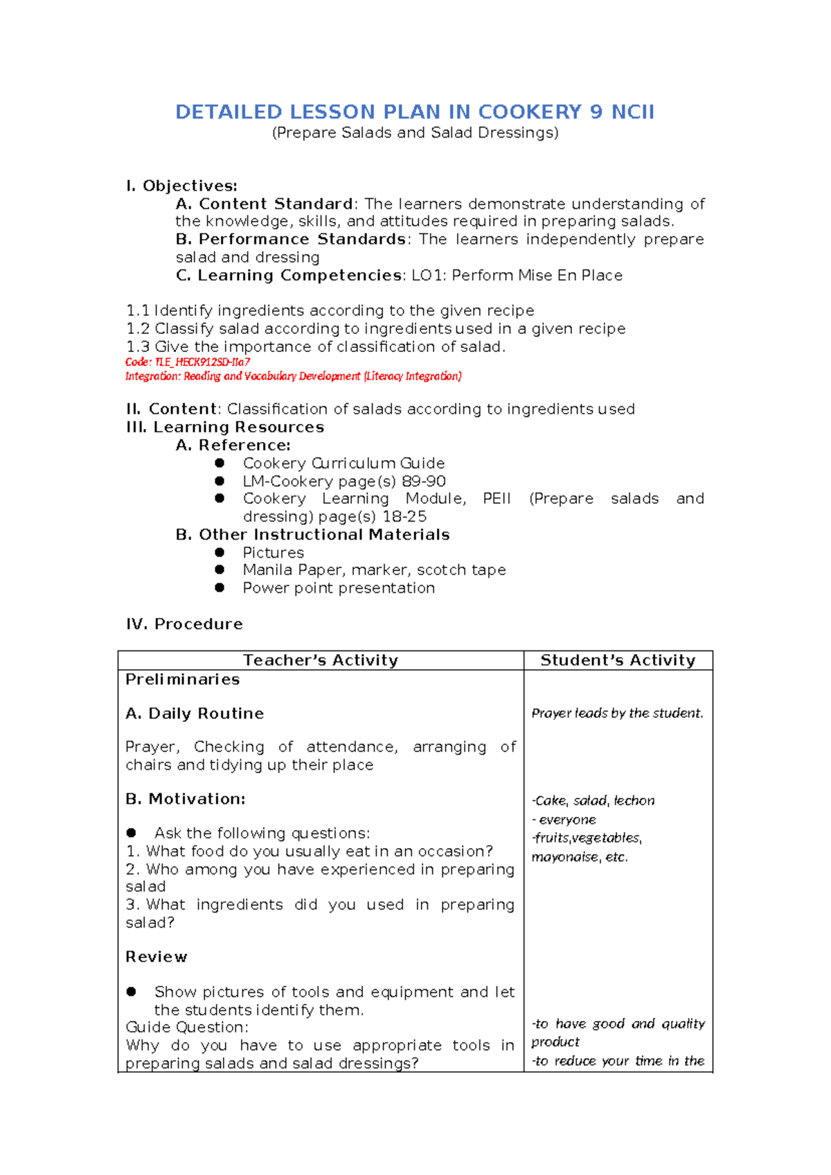 Final Detailed Lesson Plan in Cookery 9 NCII: Preparing Salads ...