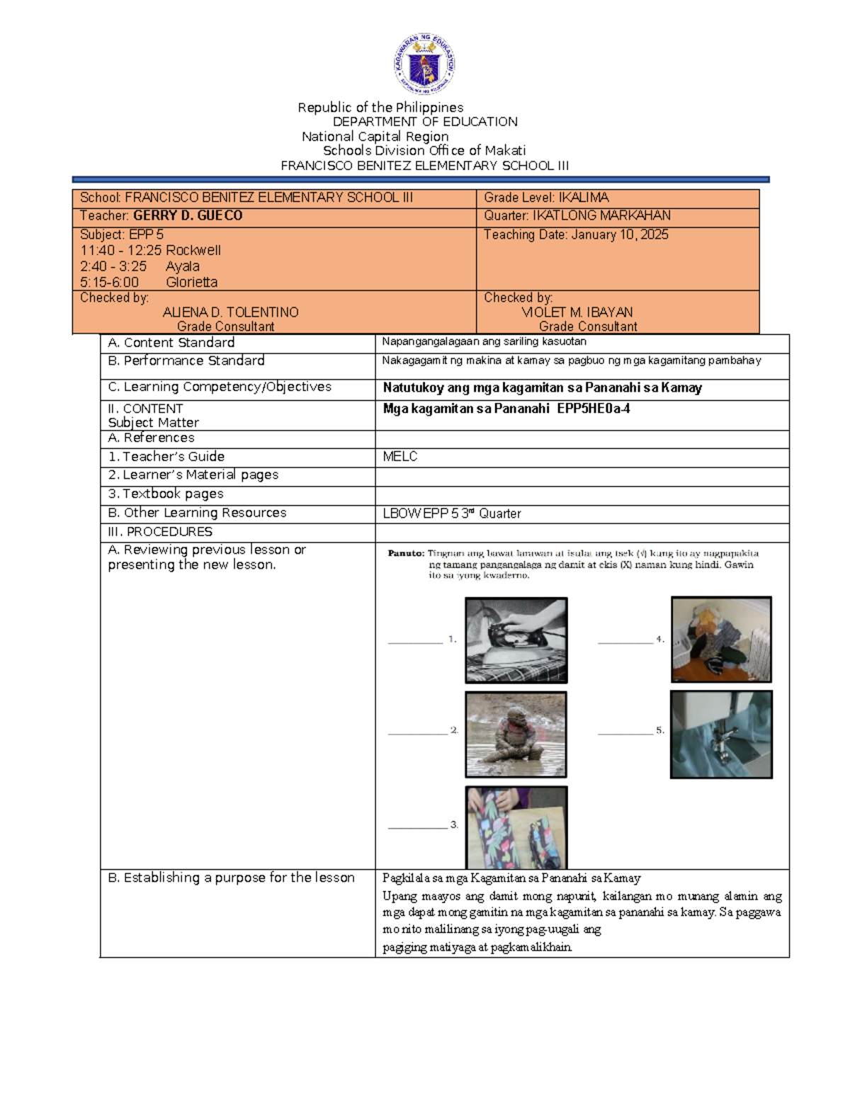 DLL EPP 1-10-2025 Pananahi sa Kamay - Republic of the Philippines ...
