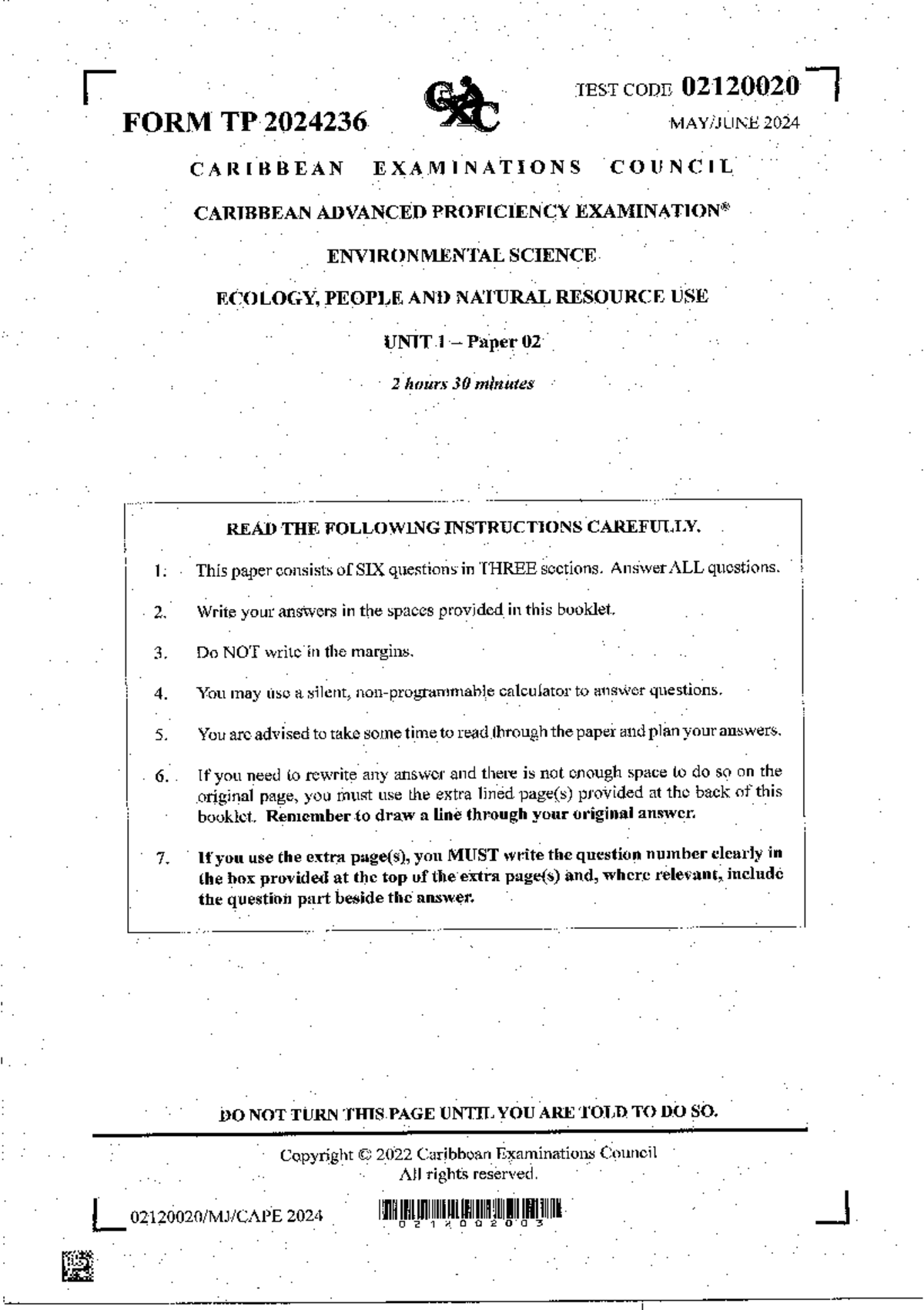 CAPE Environmental Science Paper 2 - 2024 Exam Instructions and ...