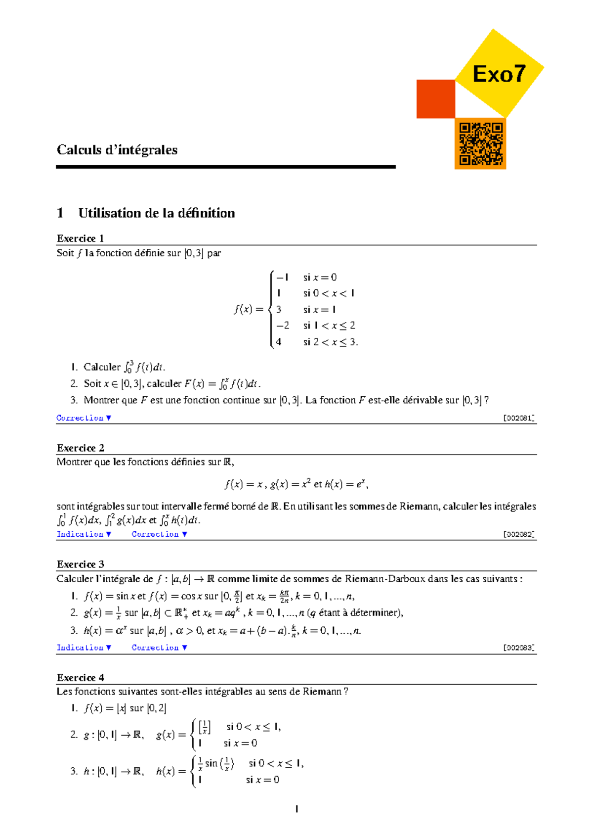 Exo7 Calculs 1 : Intégrales et Fonctions Continues - Exercices et ...