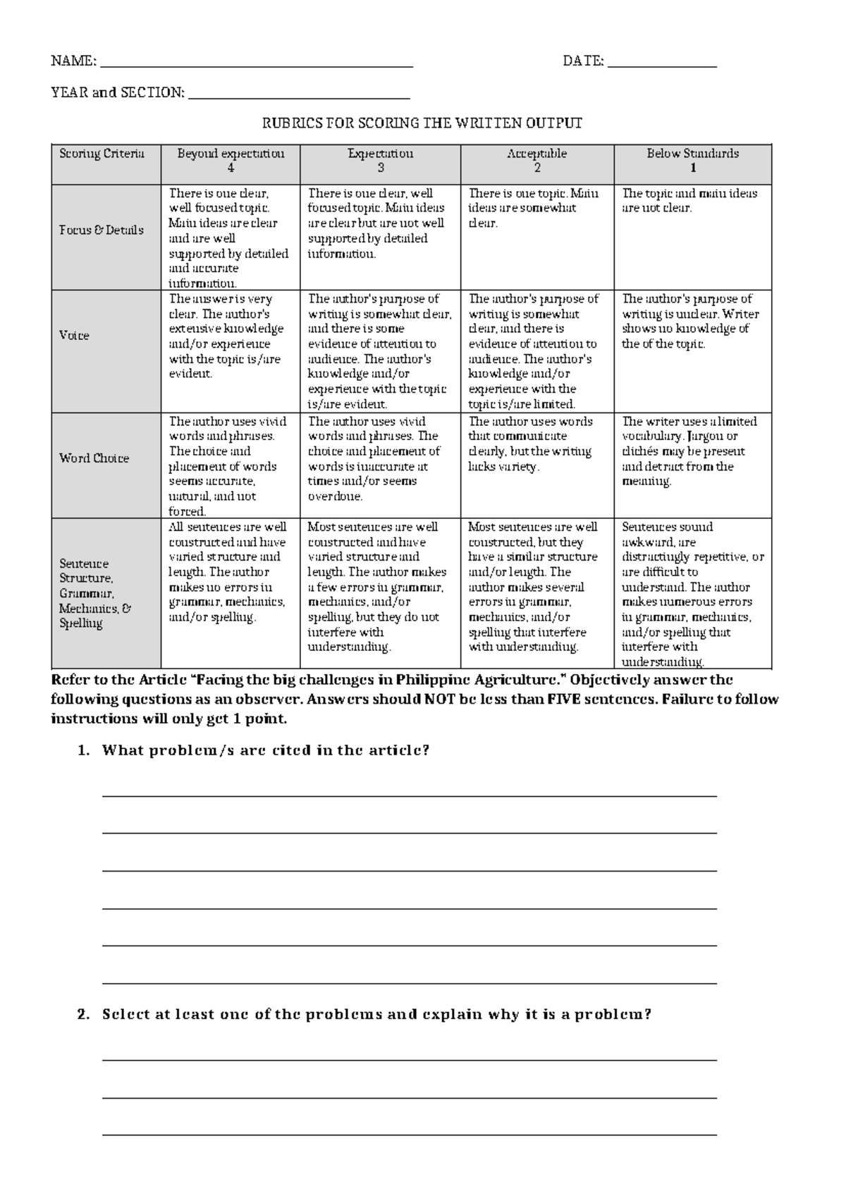 Content Analysis Rubric - NAME: DATE: YEAR and SECTION: RUBRICS FOR ...