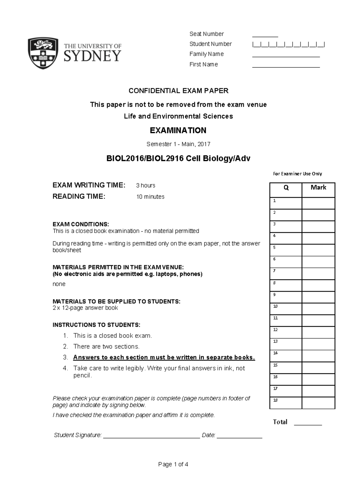 BIOL2016 Cell Biology Final Exam Paper - Semester 1, 2017 - Studocu