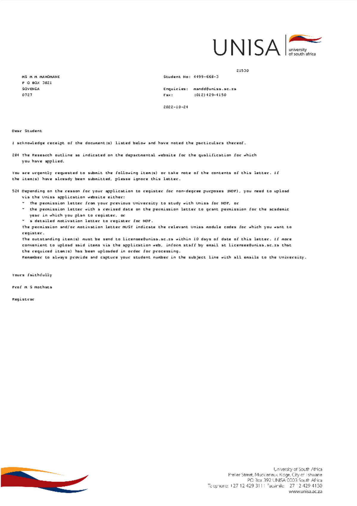 UNISA Correspondence for Non-Degree Registration - 21530 - Studocu