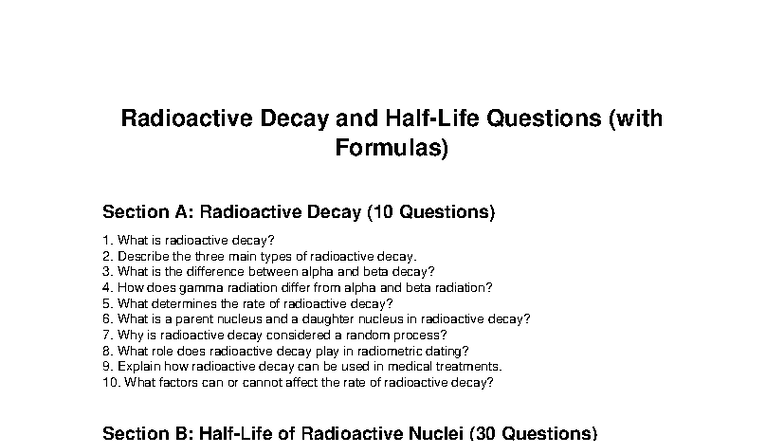 Radioactive Decay and Half-Life Questions (PHYS 101) - Studocu