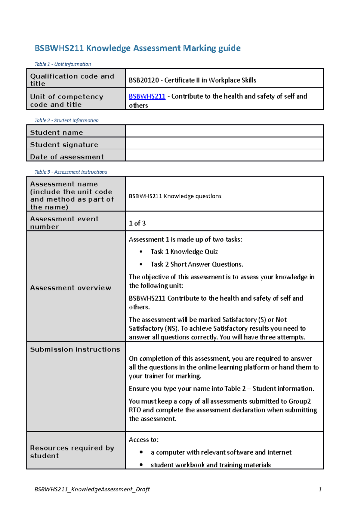 BSBWHS211 Knowledge Assessment Marking Guide for Safety Competency ...