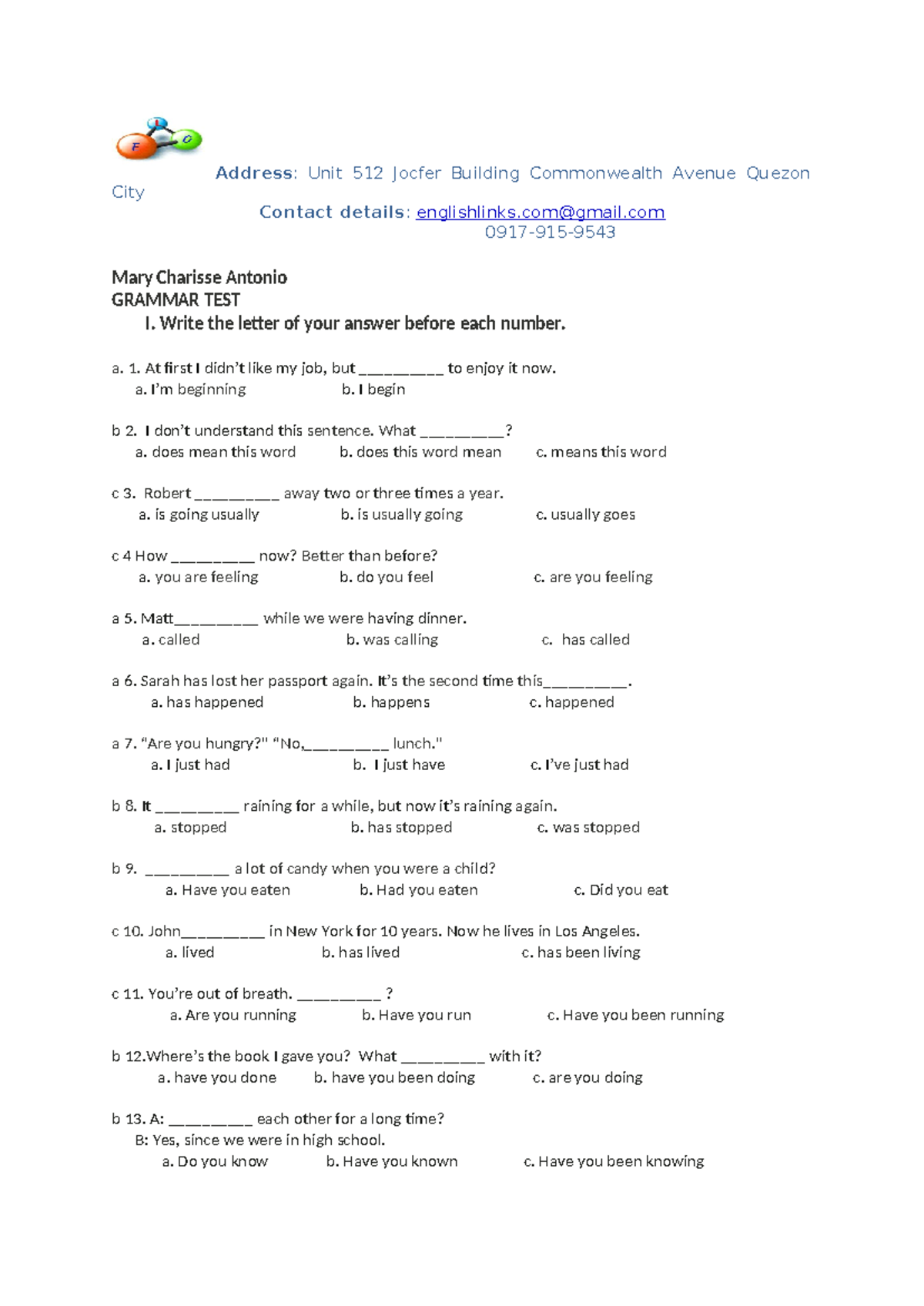 Grammar Test I: Answer Key and Explanations (ENG 101) - Studocu