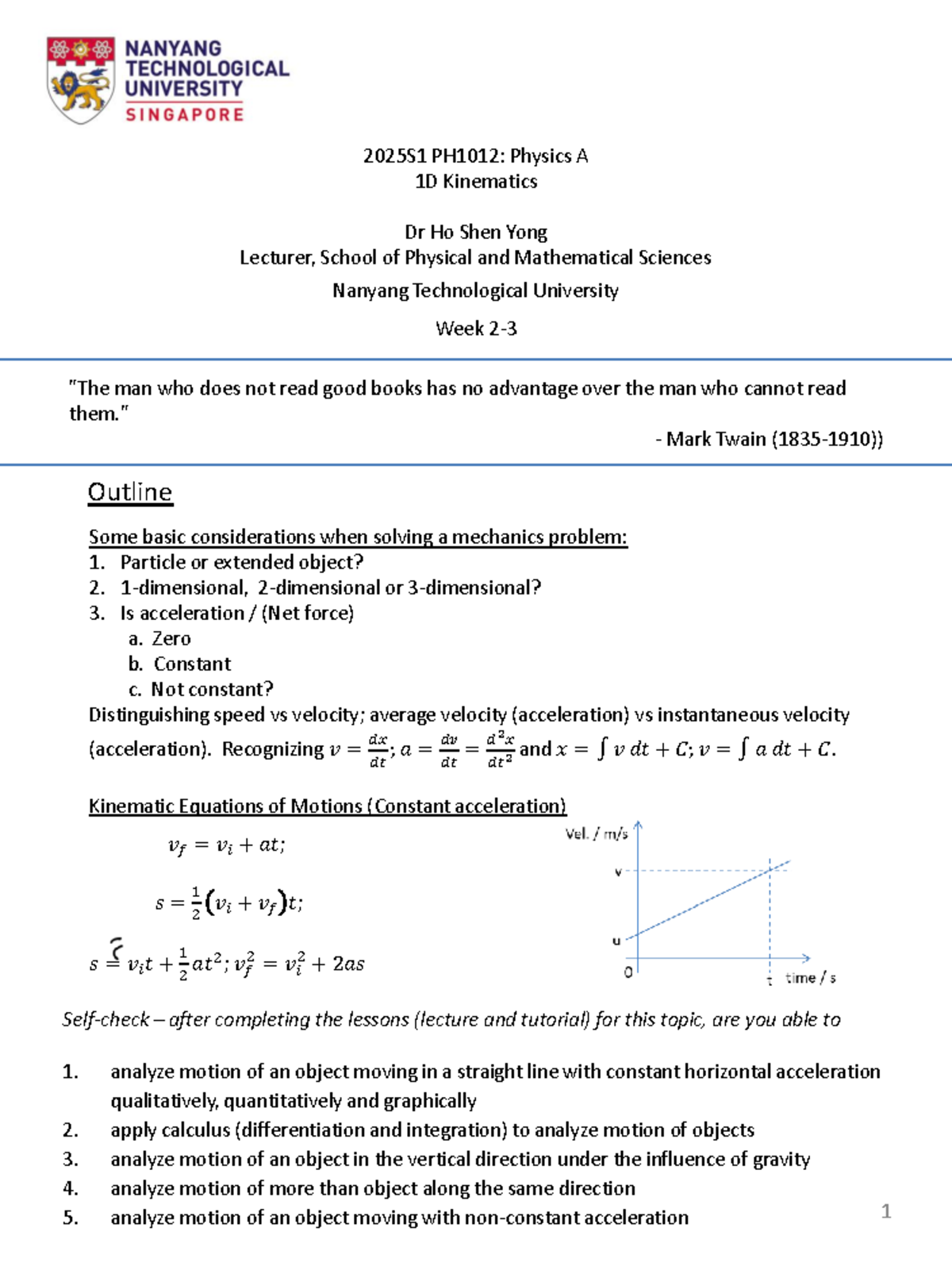 2025S1 PH1012: Basic Mechanics 1 - 1D Kinematics Notes - Studocu